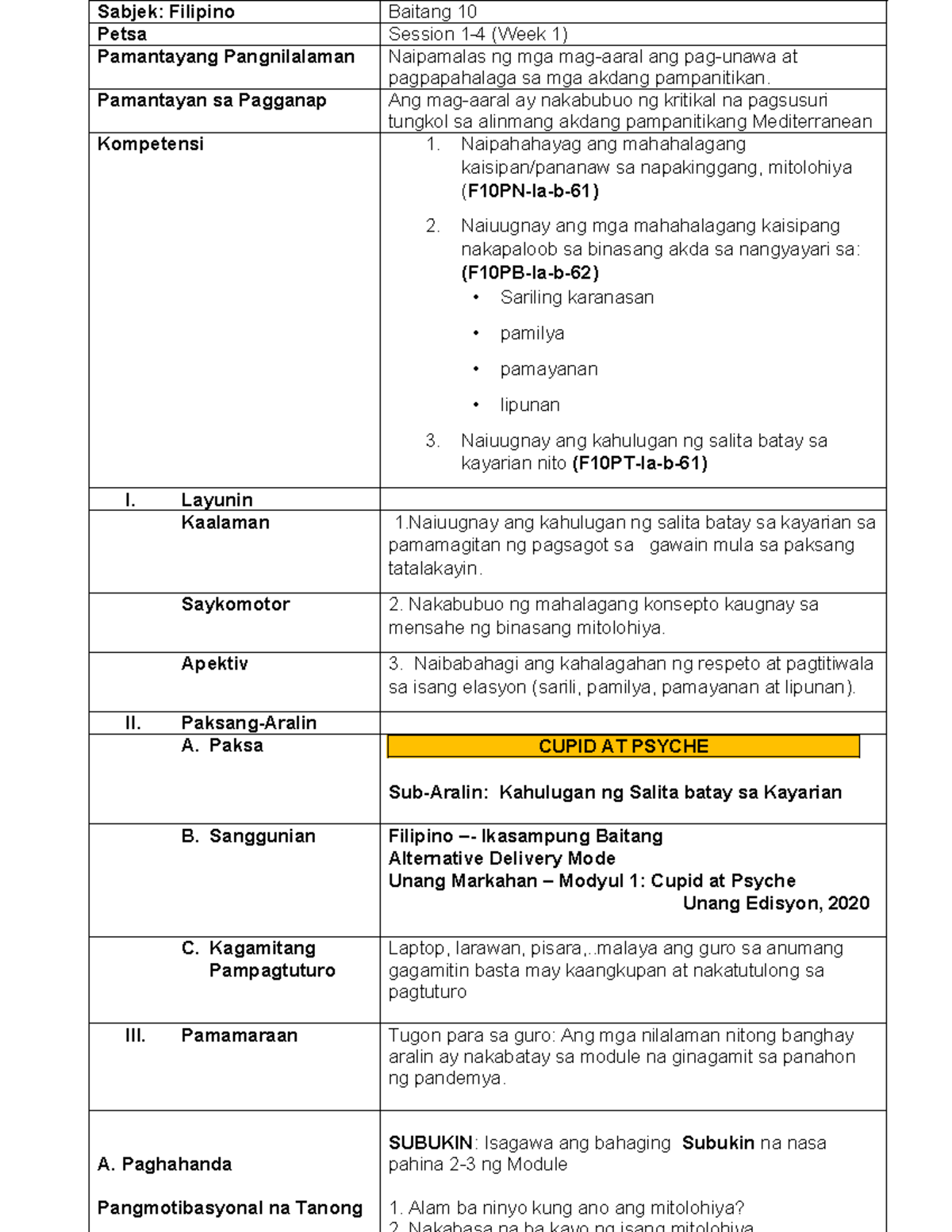 Filipino 10 Q 1 week 1 Lesson Plan for Classroom Observation School ...