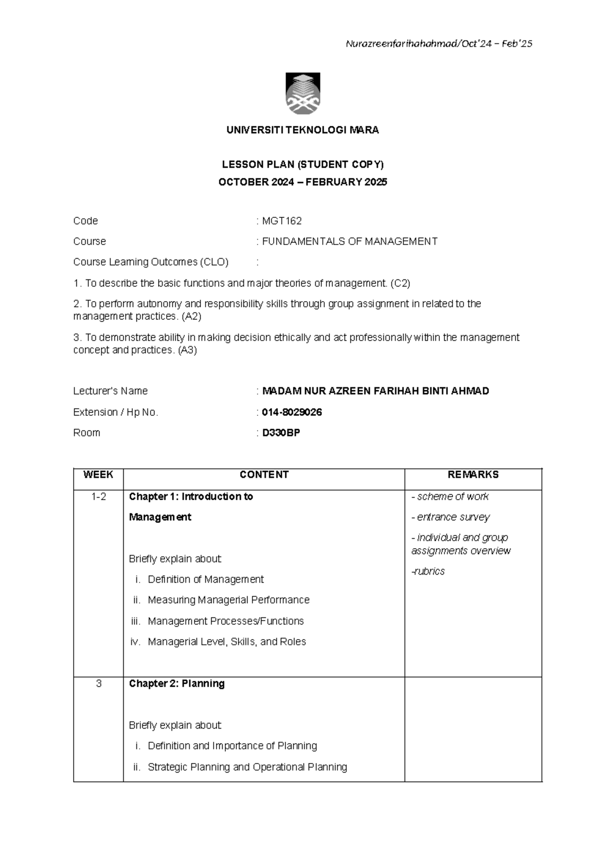 MGT162 Lesson PLAN Student COPY - UNIVERSITI TEKNOLOGI MARA LESSON PLAN ...