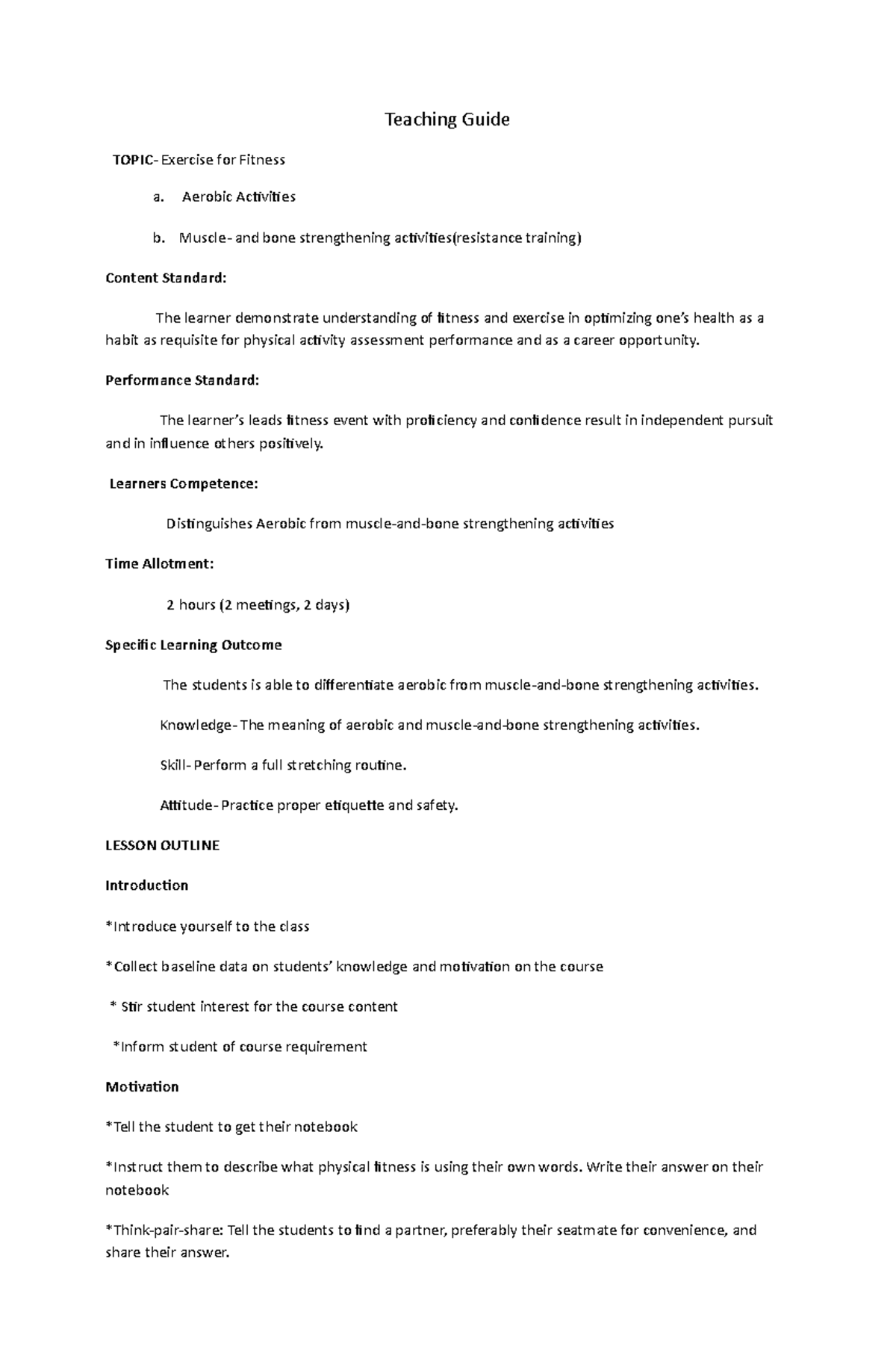 Teaching Guide PE1 - Teaching Guide TOPIC- Exercise for Fitness a ...