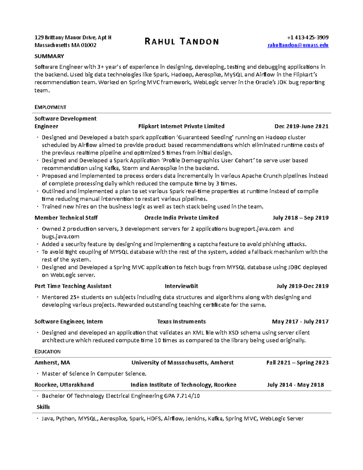 Rahul Tandon Resume - 129 Bri(any Manor Drive, Apt H Massachuse(s MA ...