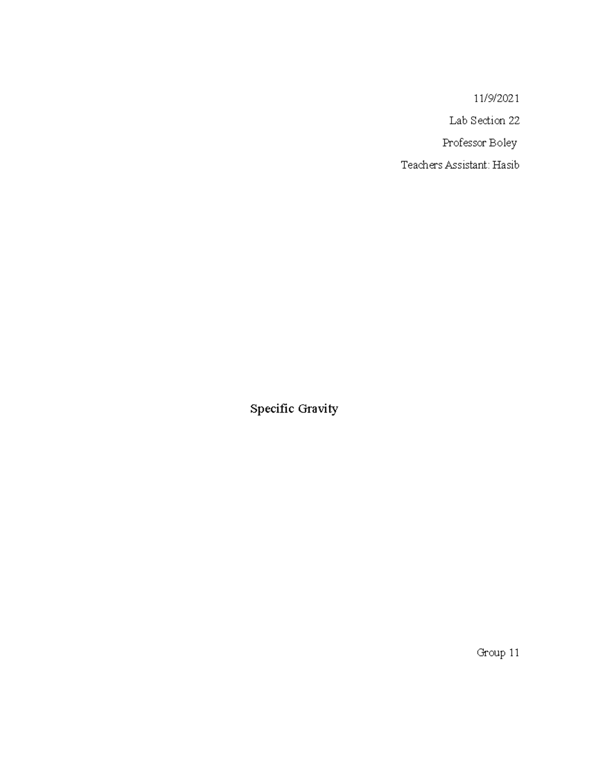 Specific Gravity - 11/9/ Lab Section 22 Professor Boley Teachers ...