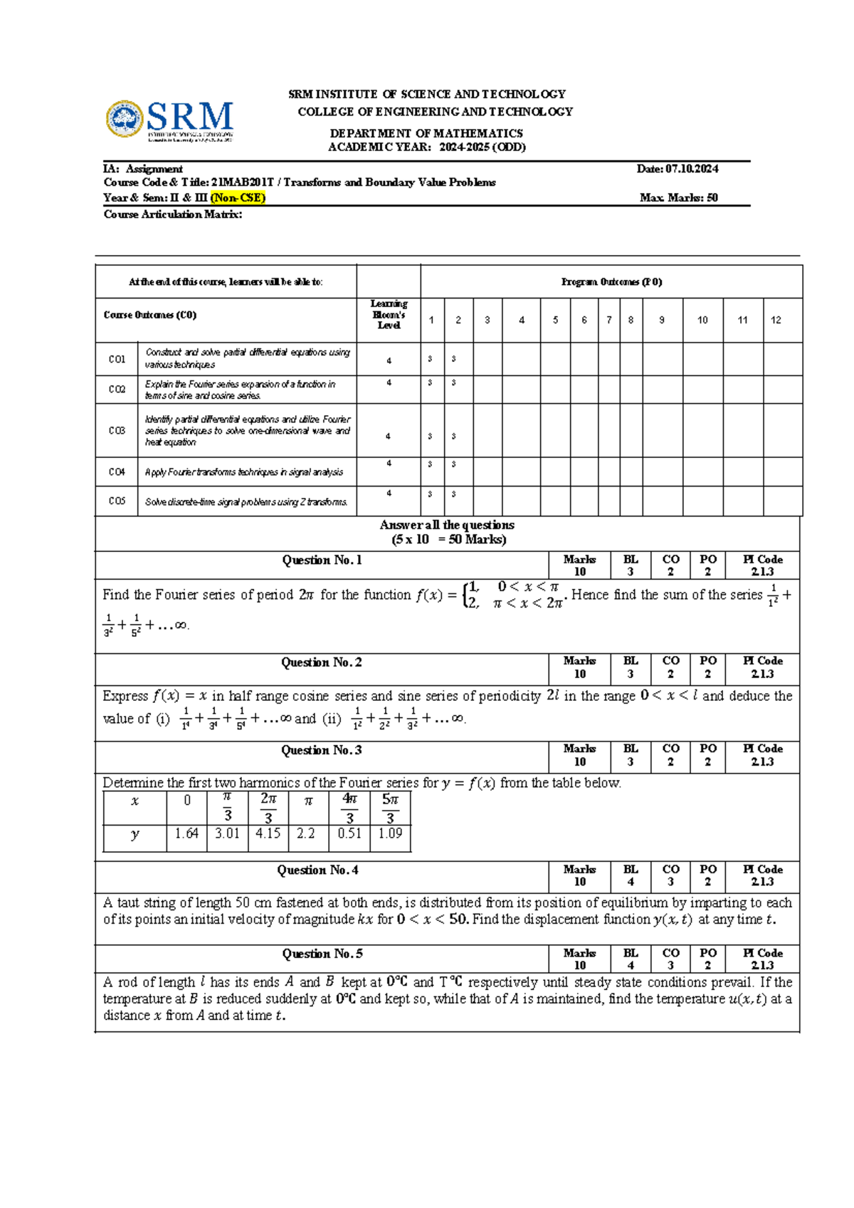 Assignment II -Non CSE - SRM INSTITUTE OF SCIENCE AND TECHNOLOGY COLLEGE OF ENGINEERING AND ...