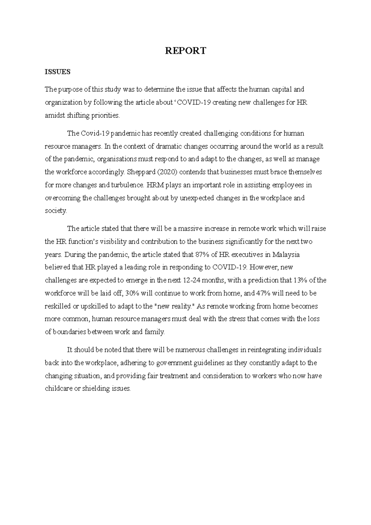 HRM533 - Assignment 1 (2020) - REPORT ISSUES The purpose of this study ...