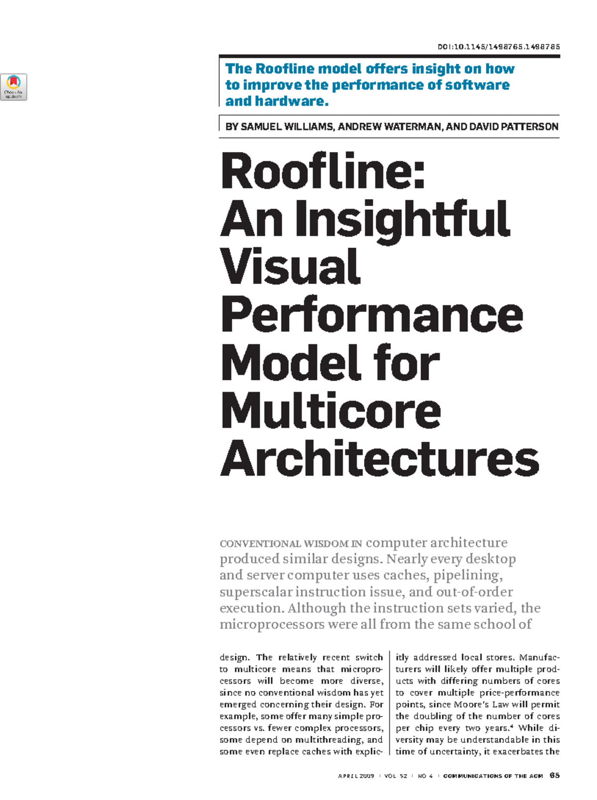 Roofline - Paper - A P r i L 2 0 0 9 | vo L. 5 2 | n o. 4 | c o m m u n ...
