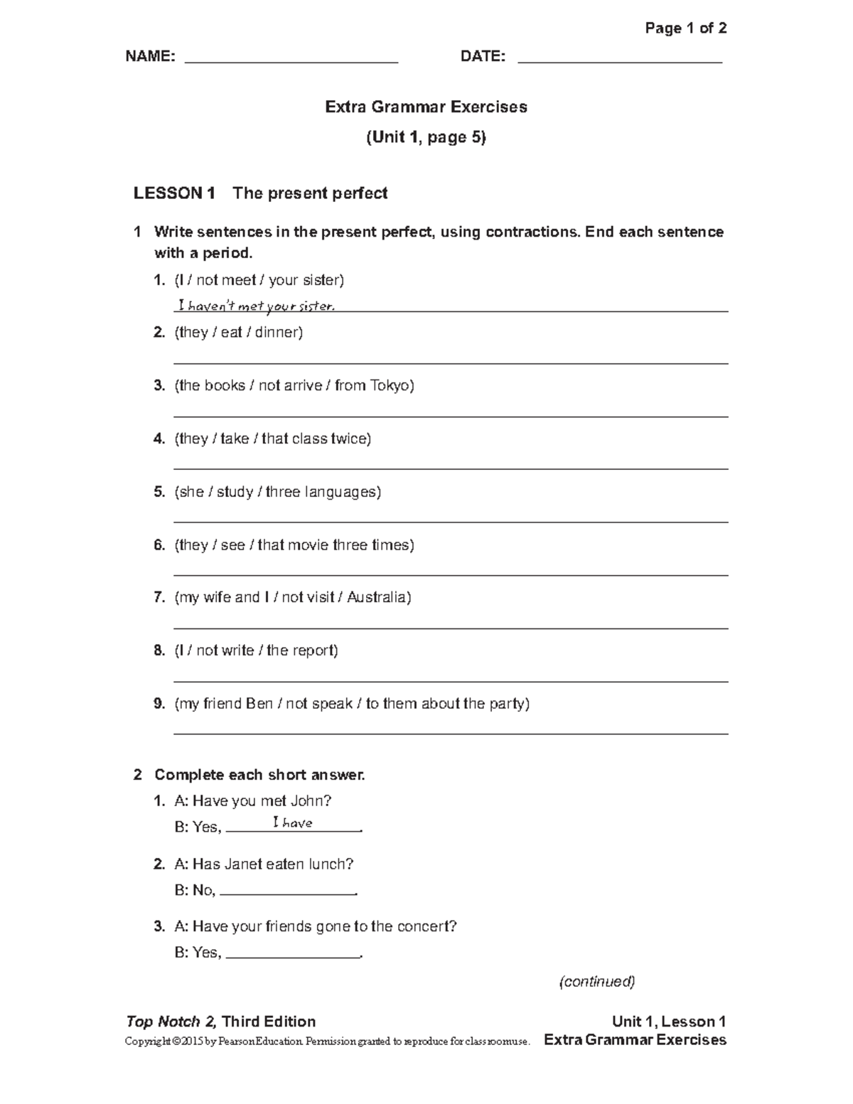 Unit 01 Extra Grammar Exercises - NAME: _________________________ DATE