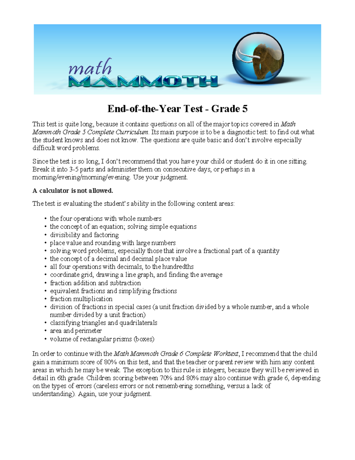 End of Year Test Grade 5 - Math test - End-of-the-Year Test - Grade 5 ...