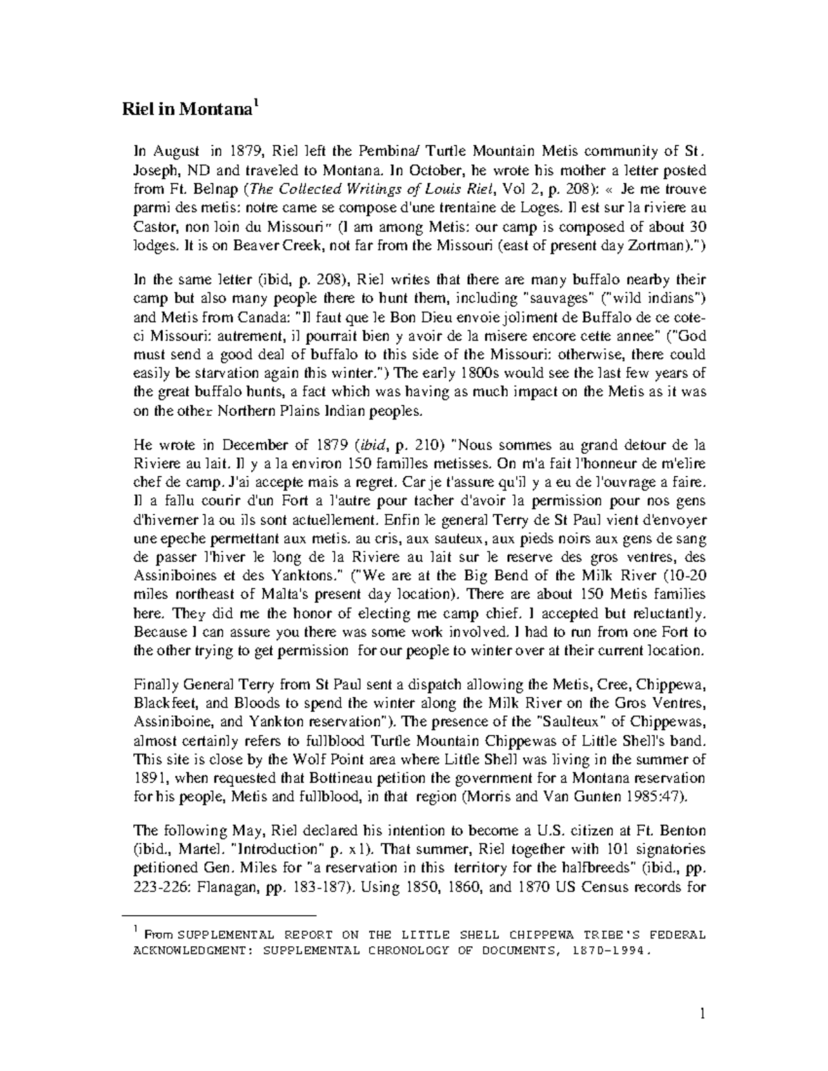 Louis Riel in Montana - Note - 1 Riel in Montana 1 In August in 1879 ...