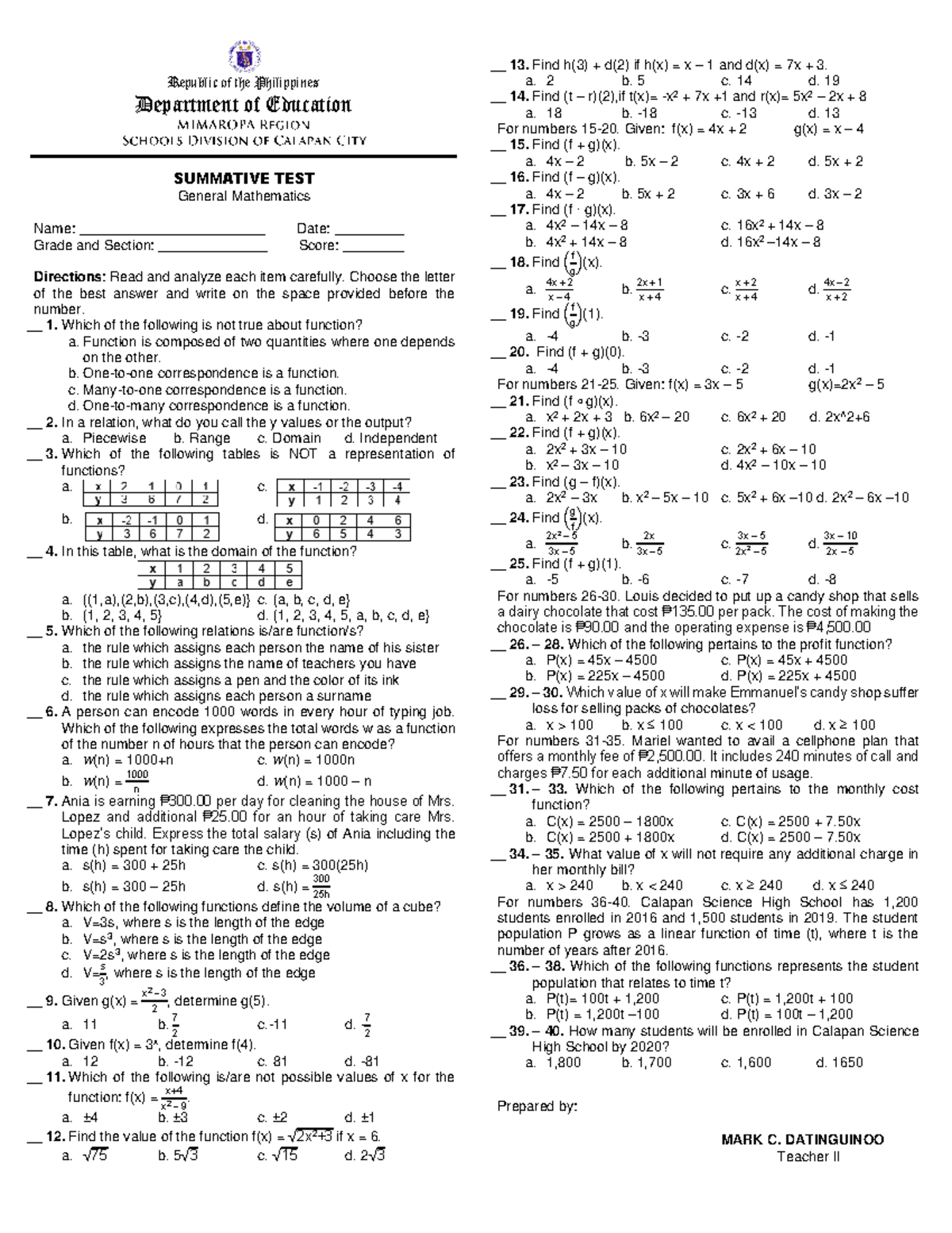 Summative-Test-1A - FOR PRACTICE TESTS - GENERAL MATHEMATICS - Republic ...