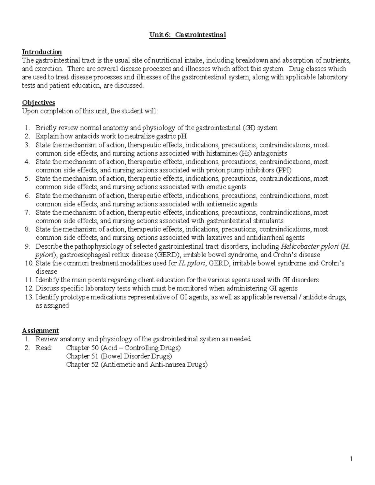 Unit 6 - GI SV - Pharm overview of GI tract - Unit 6: Gastrointestinal ...