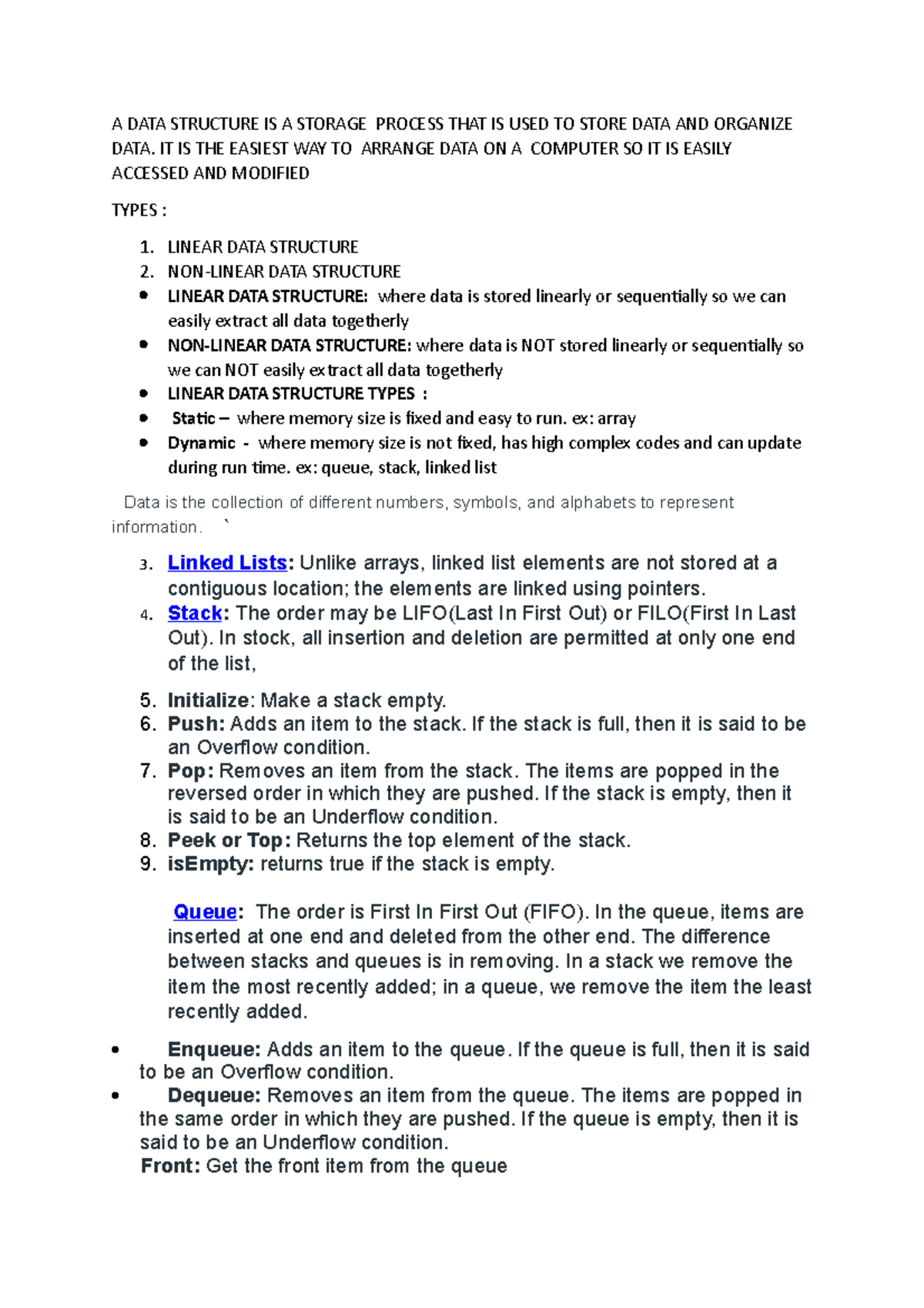 Data structure - notes - A DATA STRUCTURE IS A STORAGE PROCESS THAT IS ...
