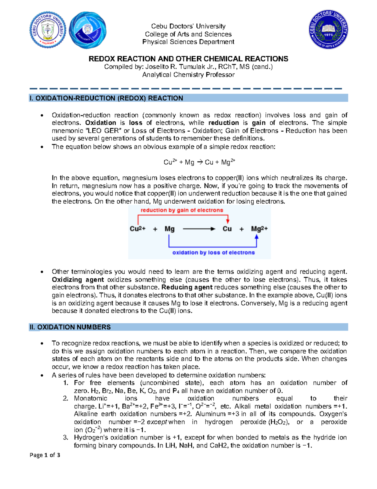 Redox Reactions and Other Chemical Reactions - Page 1 of 3 Cebu Doctors ...