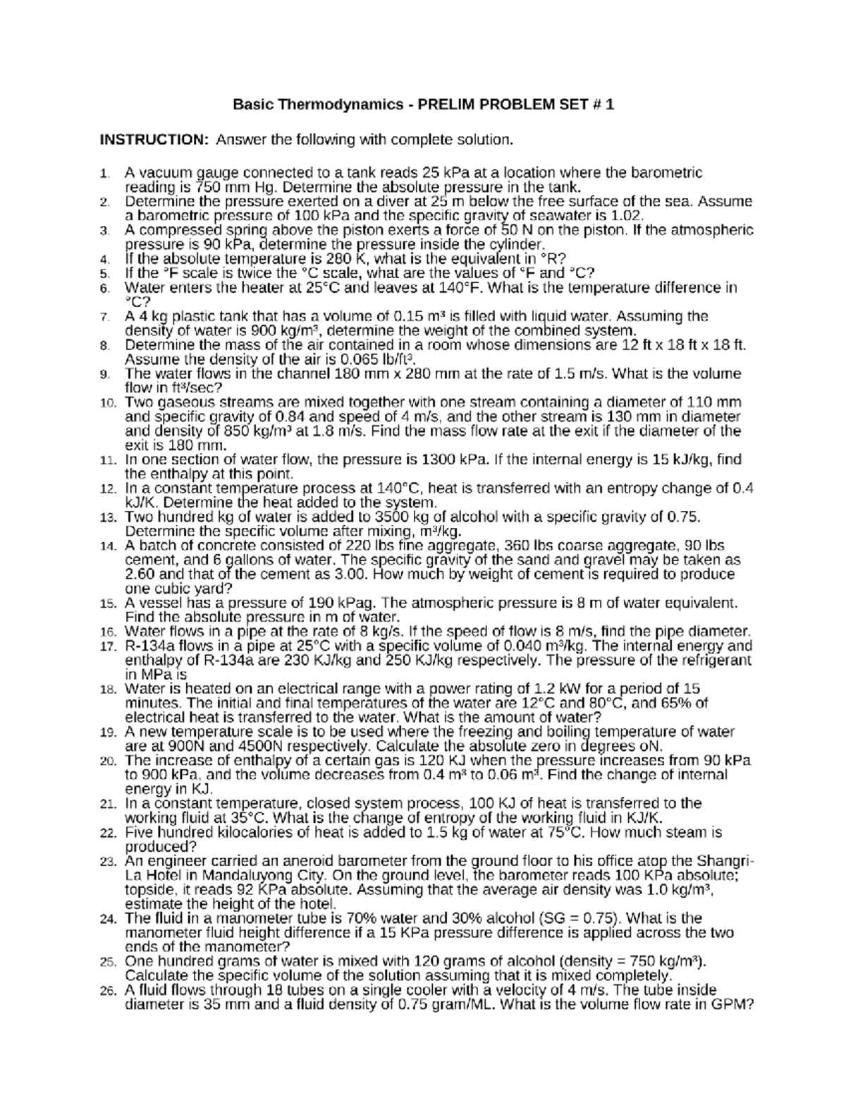 Basic Thermodynamics Problem set 1 1 - Bachelor of Science in Civil ...