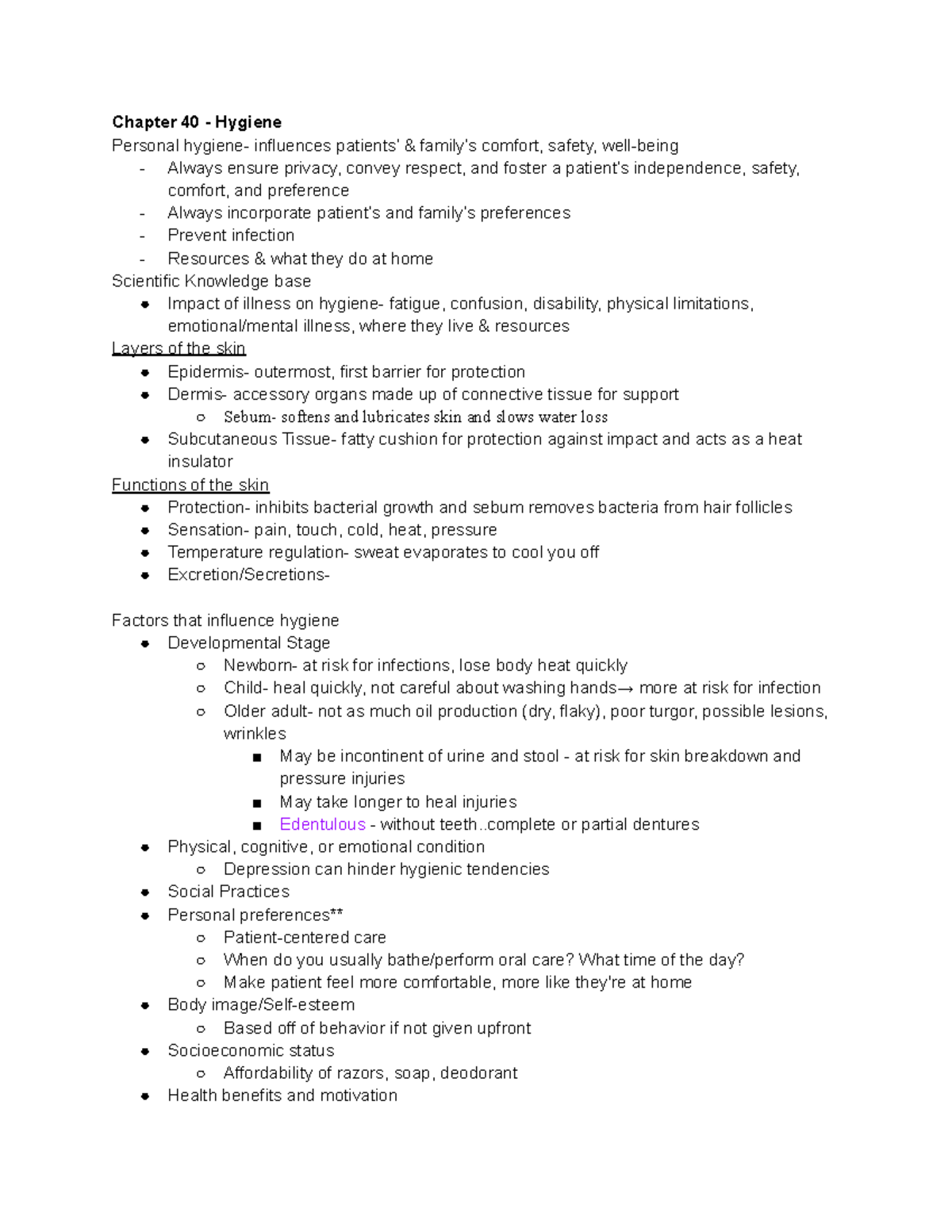CH.40 Hygiene Notes - Chapter 40 - Hygiene Personal hygiene- influences ...