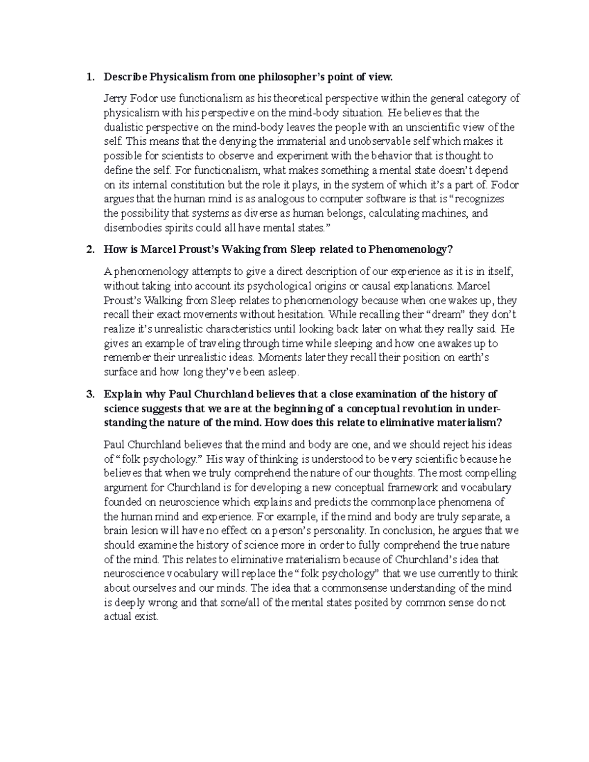 PHIL Chapter 3 Part 2 Assignment - 1. Describe Physicalism from one philosopher’s point of view ...