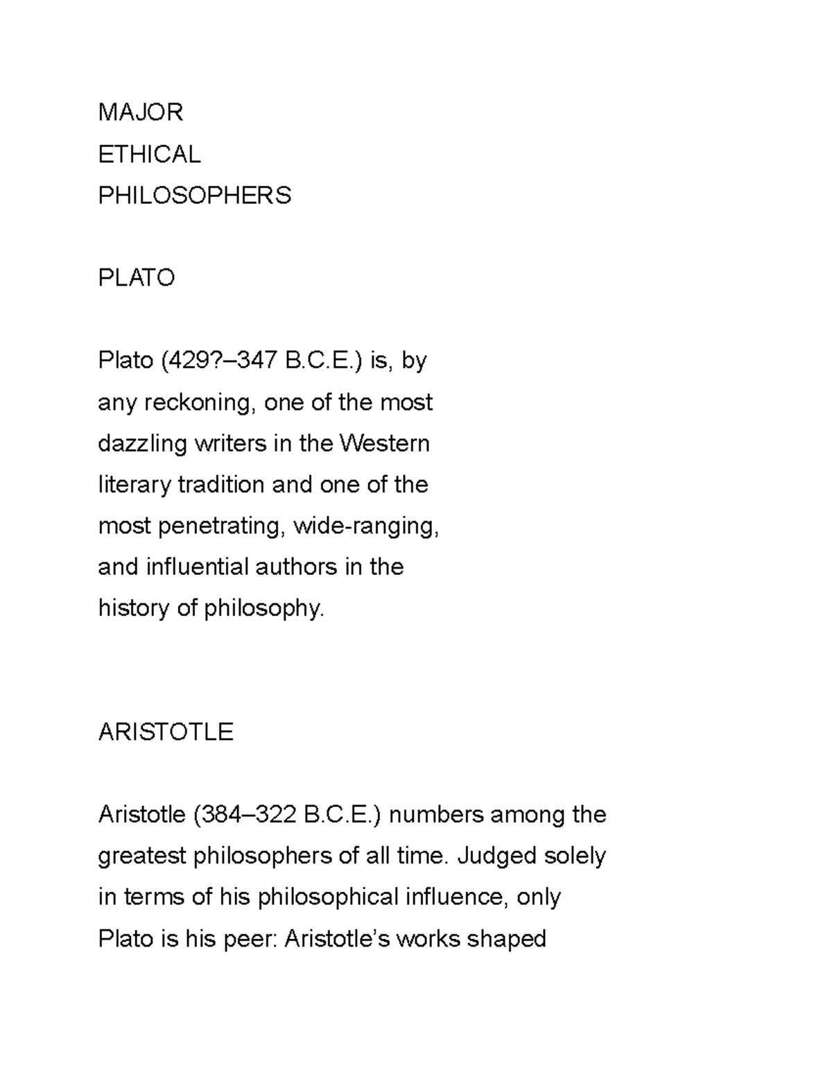 Major Ethical Philosophers - MAJOR ETHICAL PHILOSOPHERS PLATO Plato ...