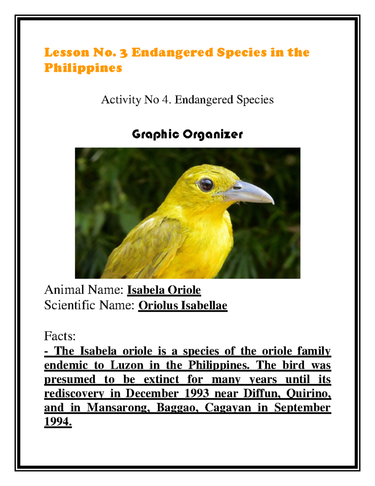Activity No 4. Endangered Species - Lesson No. 3 Endangered Species in ...