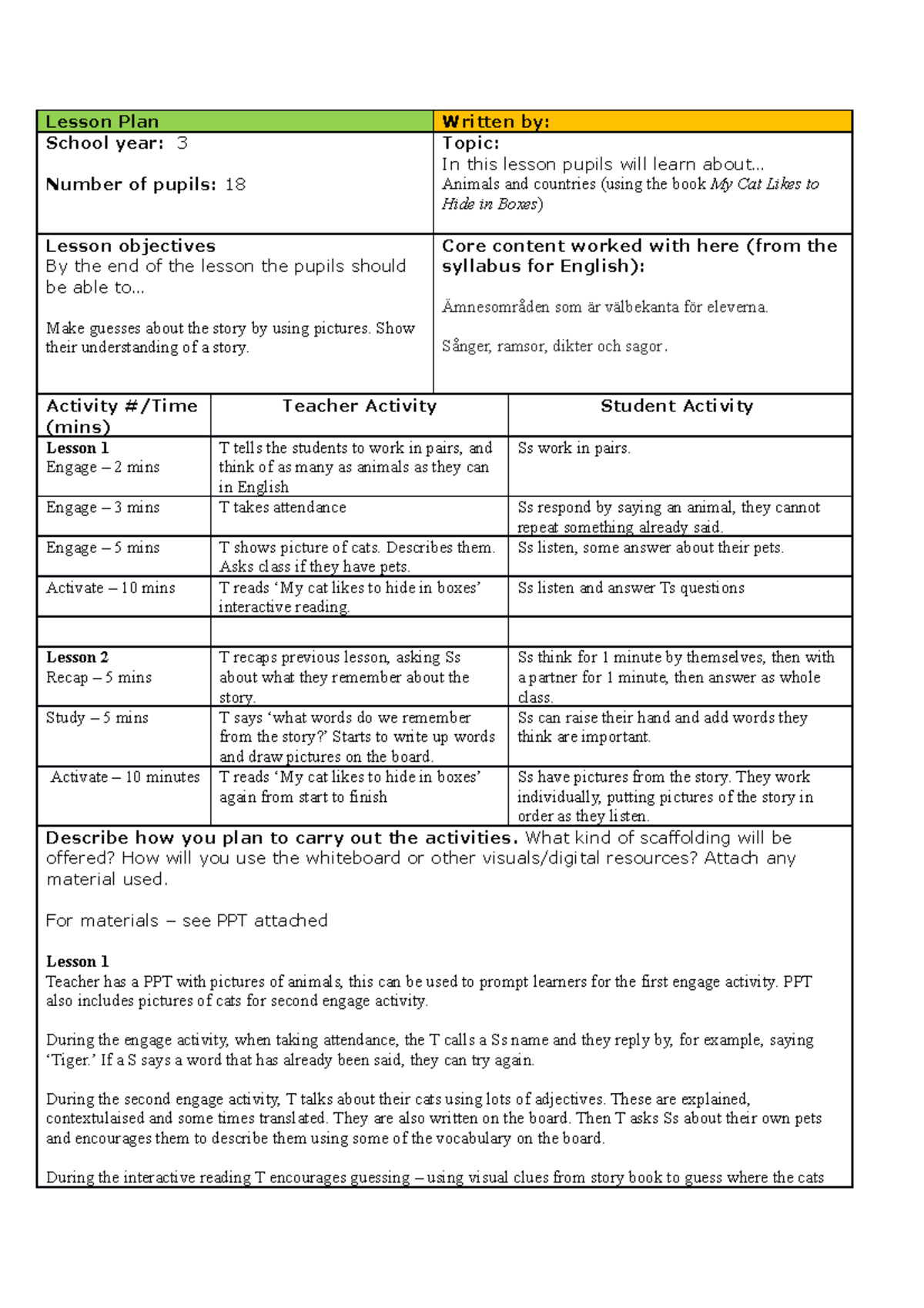 Lesson plan Example HT23 - Lesson Plan Written by: School year: 3 ...