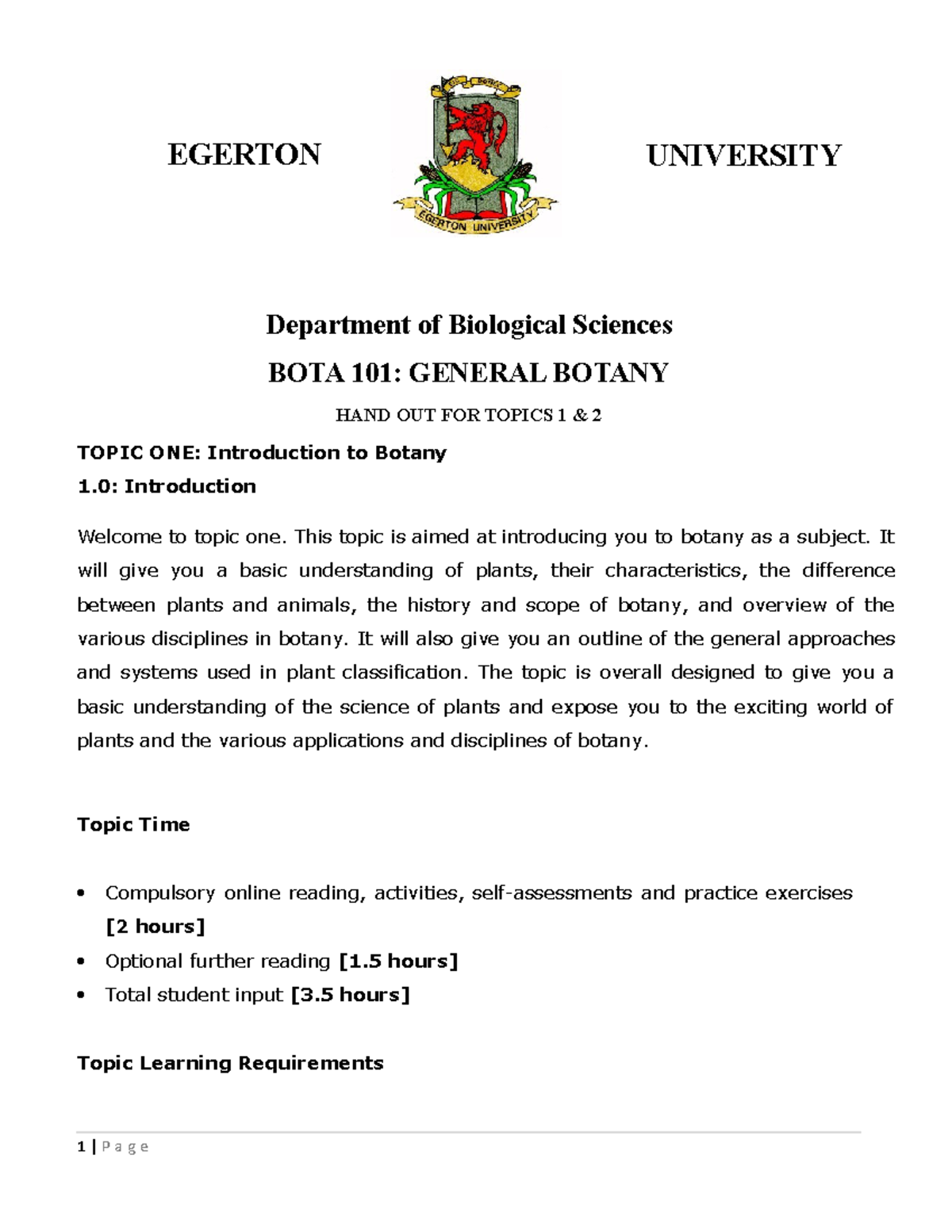 BOTA 101 Handout Topics 1 & 2 - Department of Biological Sciences BOTA ...