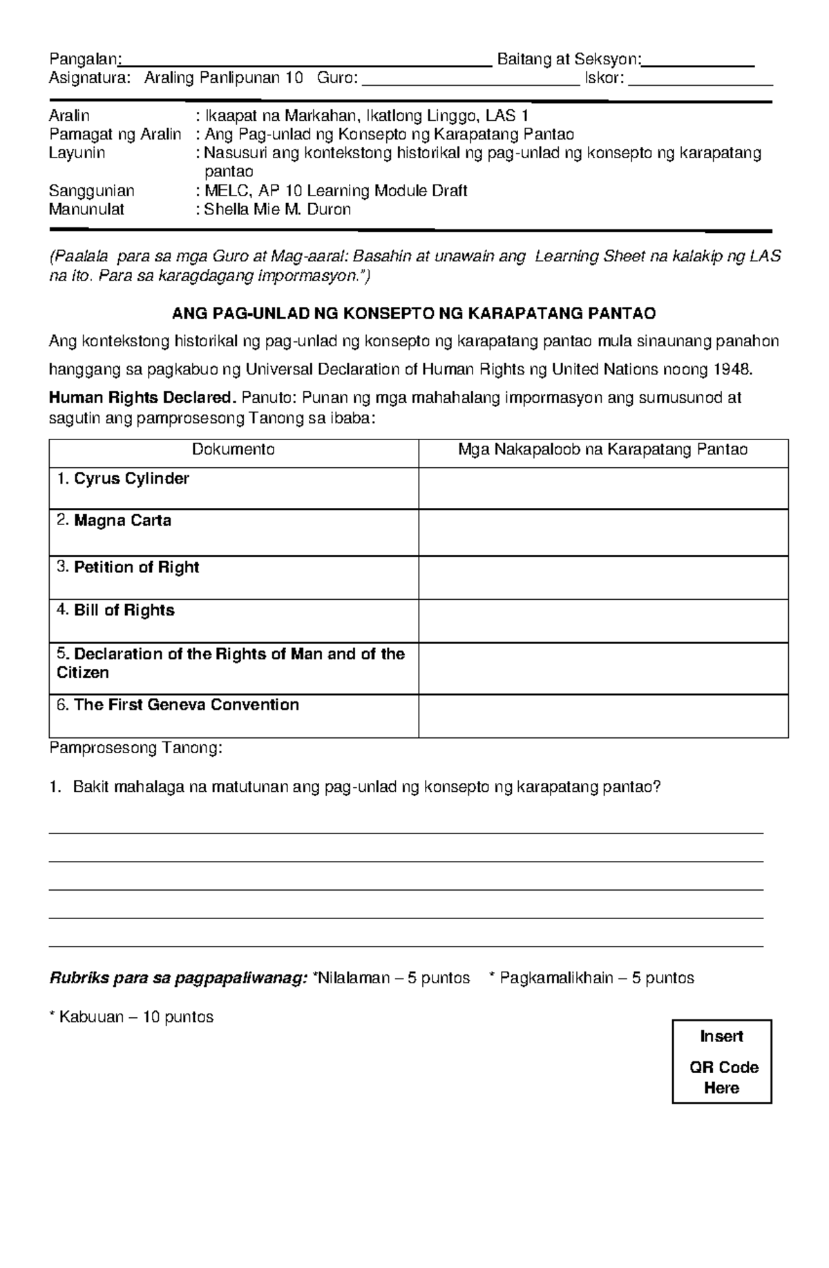 AP10 Q4 W3 LAS1 - LAS - Pangalan:________________________________________ Baitang at Seksyon ...