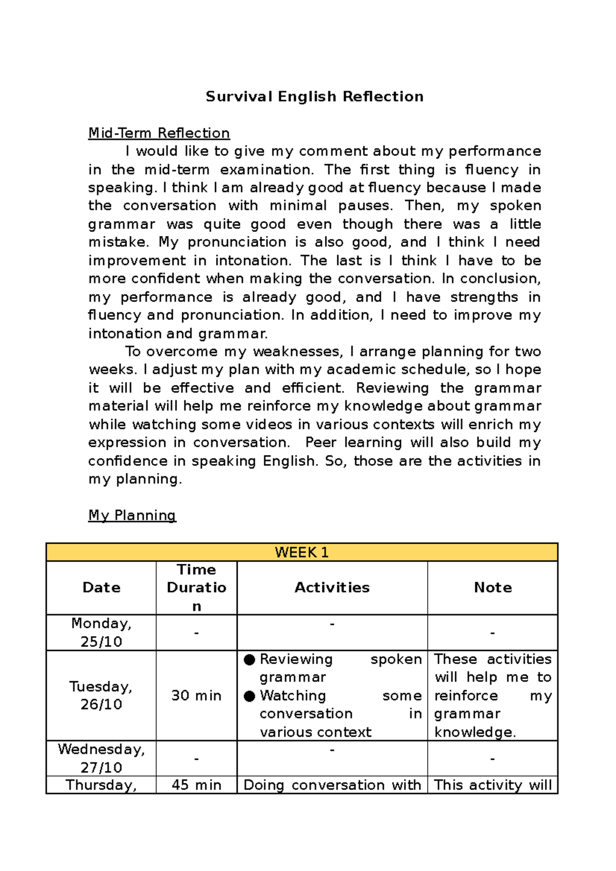 Other SE Reflection - Survival English Reflection Mid-Term Reflection I ...