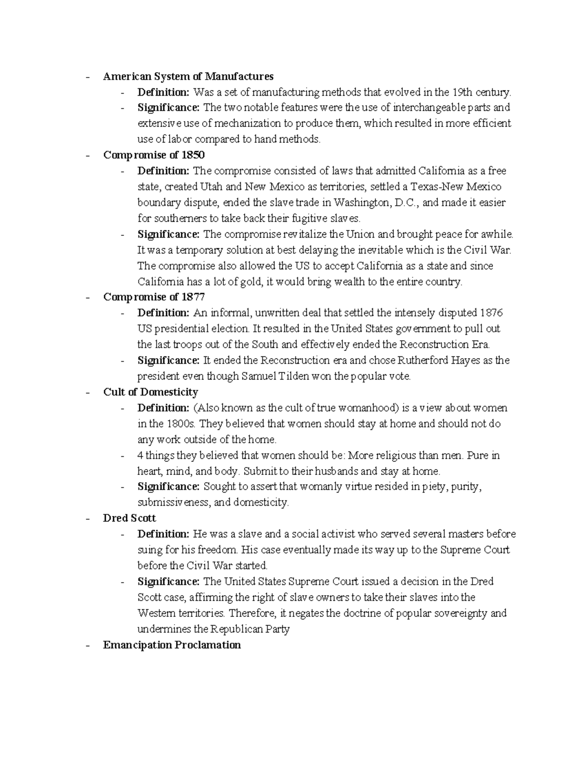 History 172 Midterm Study Guide - American System of Manufactures ...