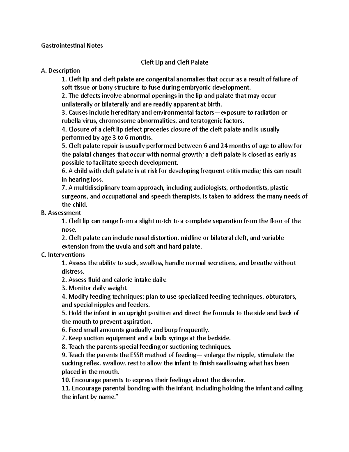 Gastrointestinal Notes Nclex - Gastrointestinal Notes Cleft Lip and ...