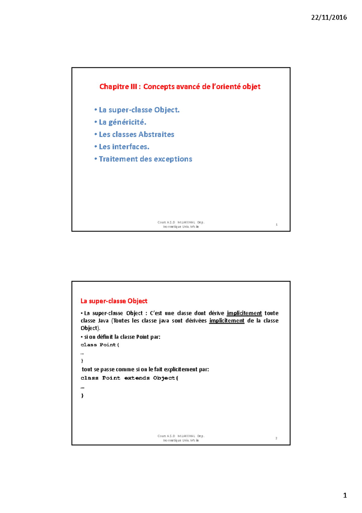 Chapitre III : Concepts avancé de l’orienté objet - • La généricité ...