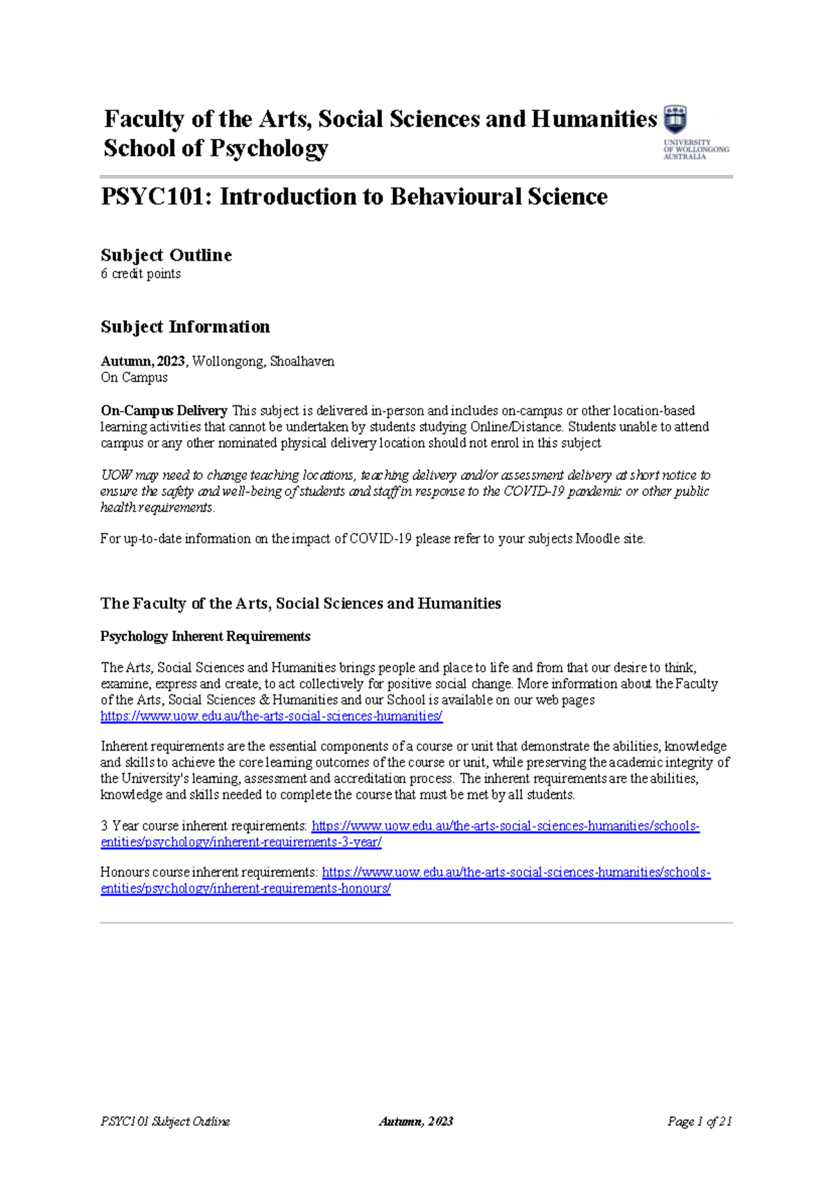 PSYC101 Subject Outline Autumn 2023 - Faculty of the Arts, Social ...
