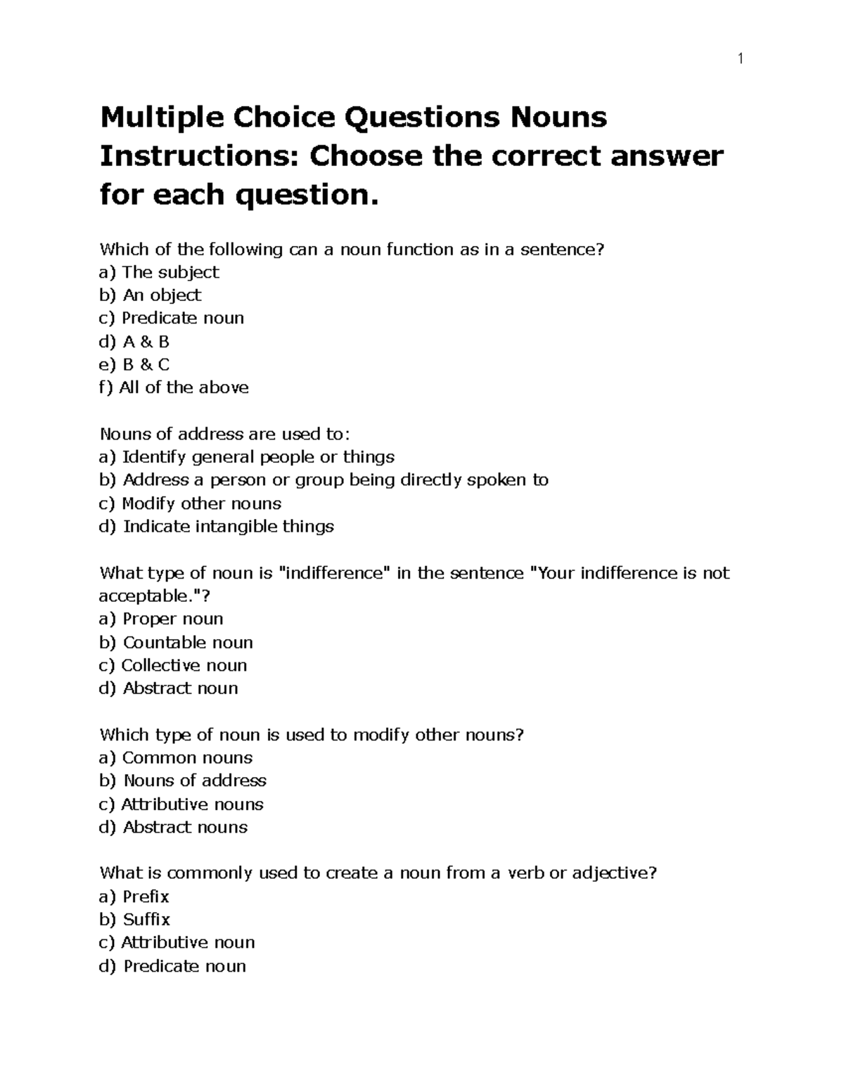 NOUN EXAM FOR Philsci EXAM - Multiple Choice Questions Nouns ...