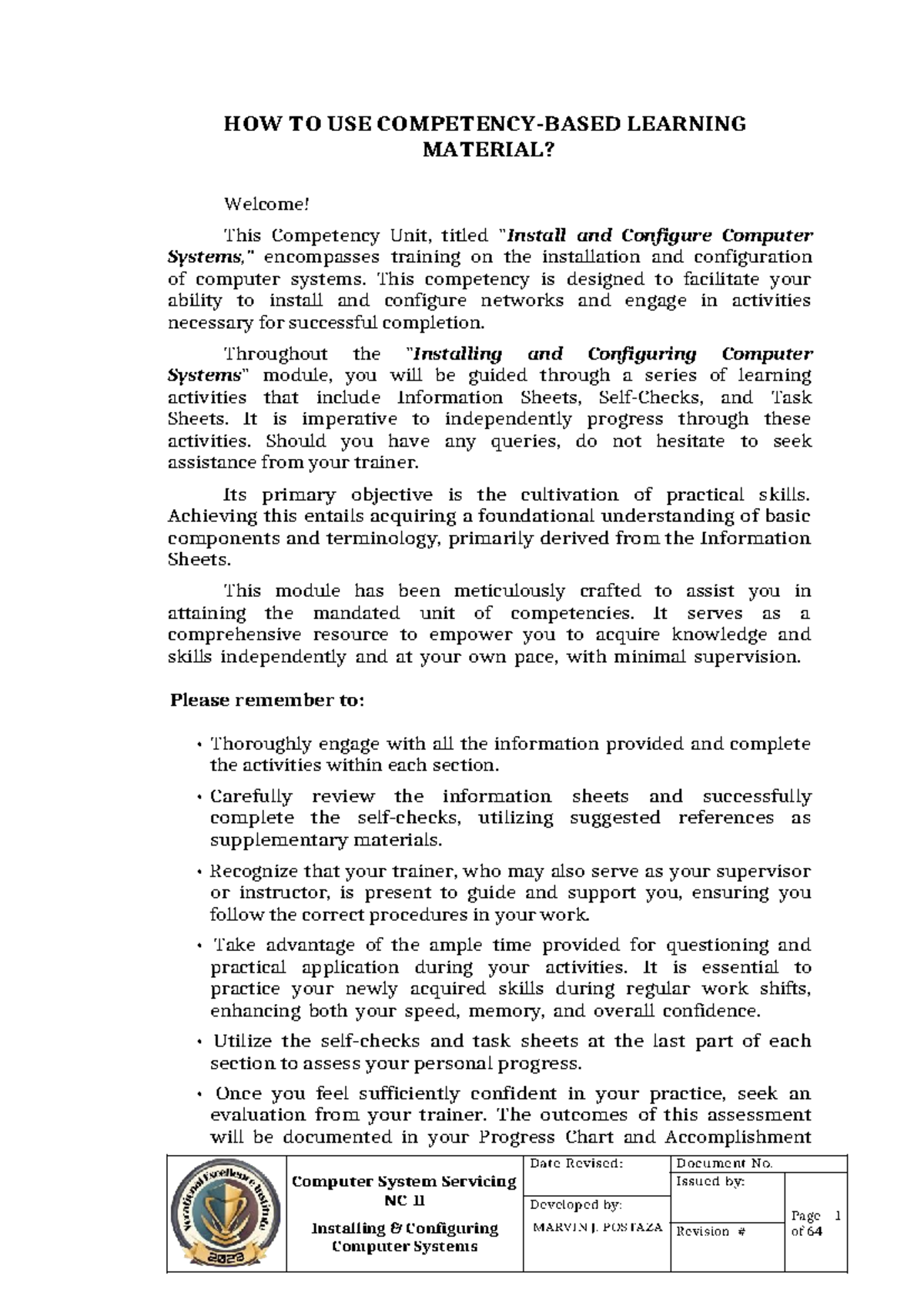 CBLM - Competency Base Learning Material - Date Revised: Document No ...