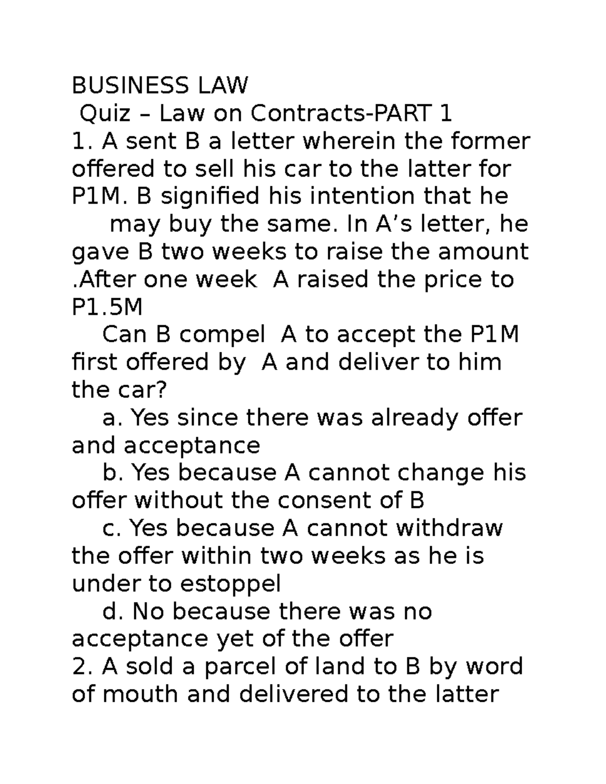 Business LAW - assignment - BUSINESS LAW Quiz – Law on Contracts-PART 1 ...