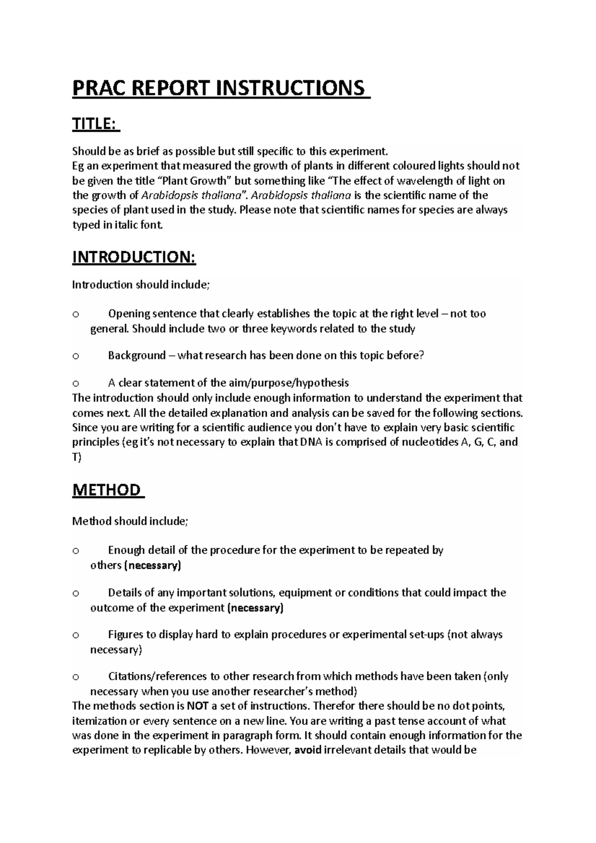 Prac Report Instructions - PRAC REPORT INSTRUCTIONS TITLE: Should be as ...