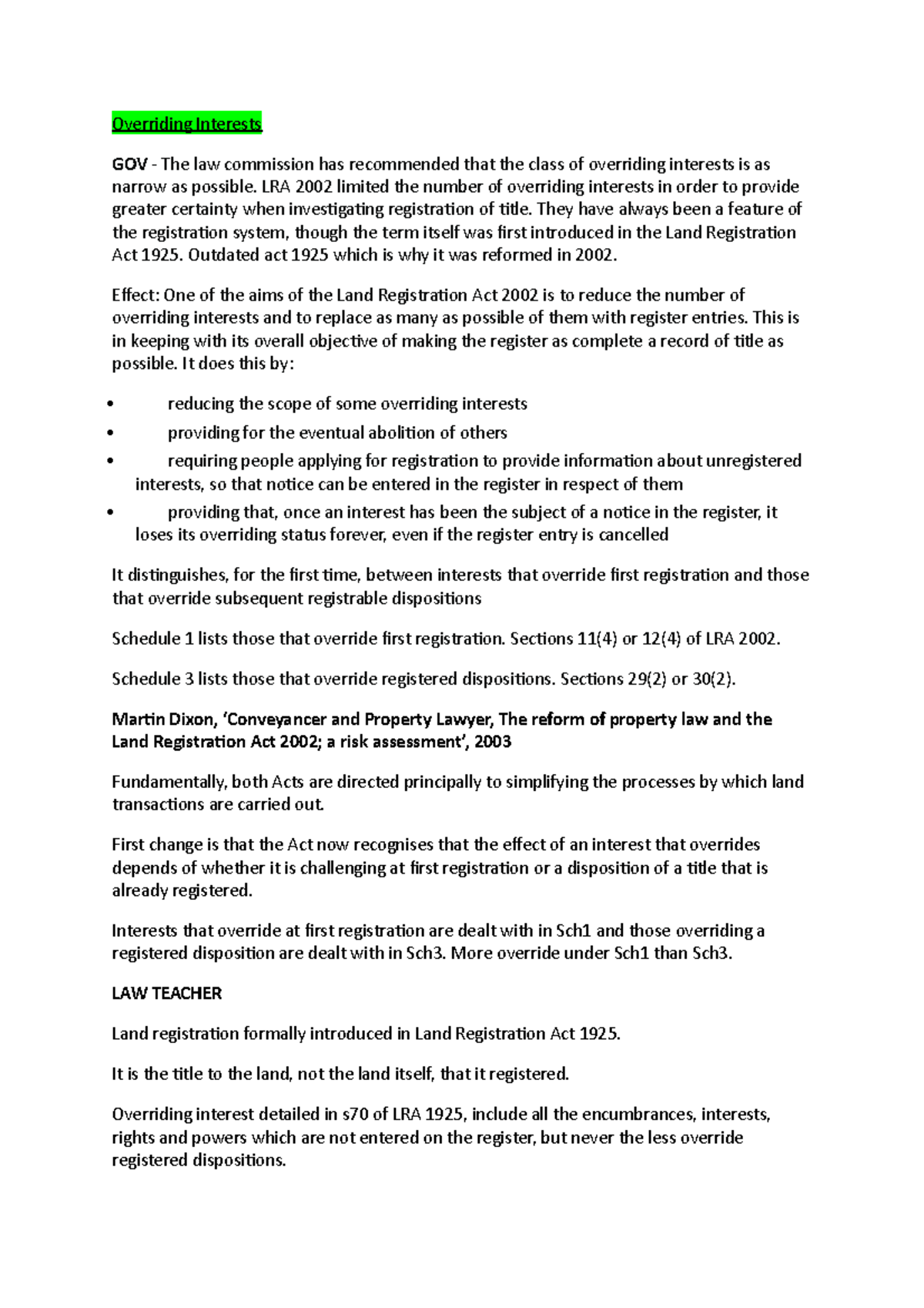 Property Essay Notes - Overriding Interests GOV - The law commission ...