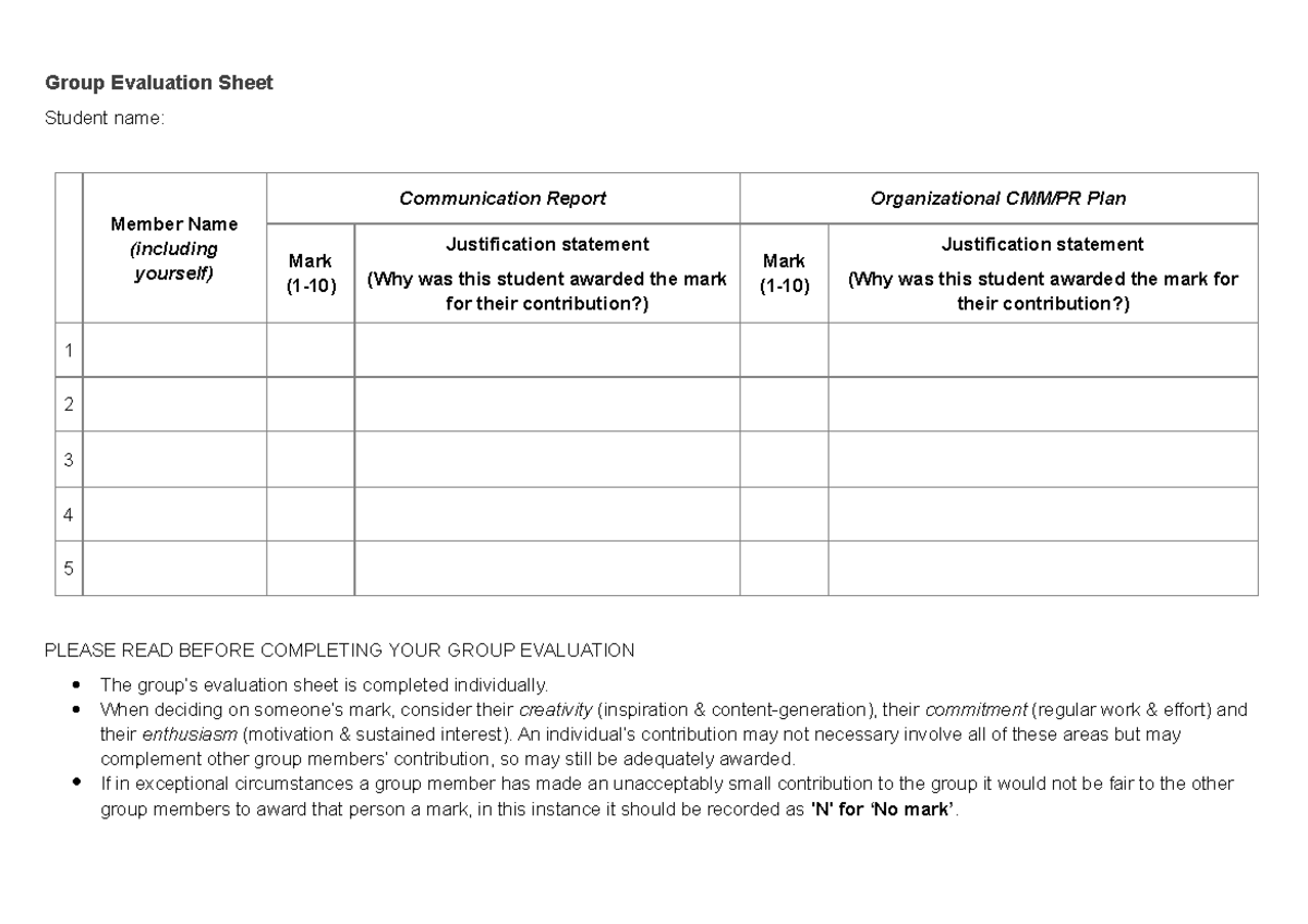 CCO201 - Group Evaluation Form - Group Evaluation Sheet Student name ...
