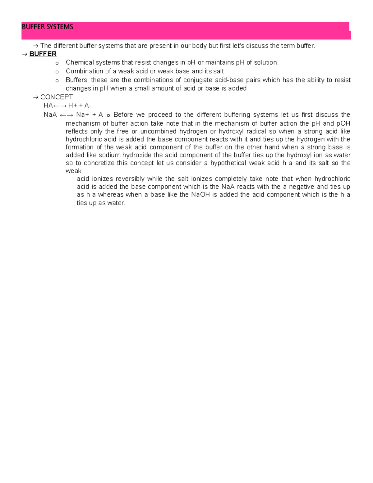 Buffer Systems - BUFFER SYSTEMS → The different buffer systems that are ...