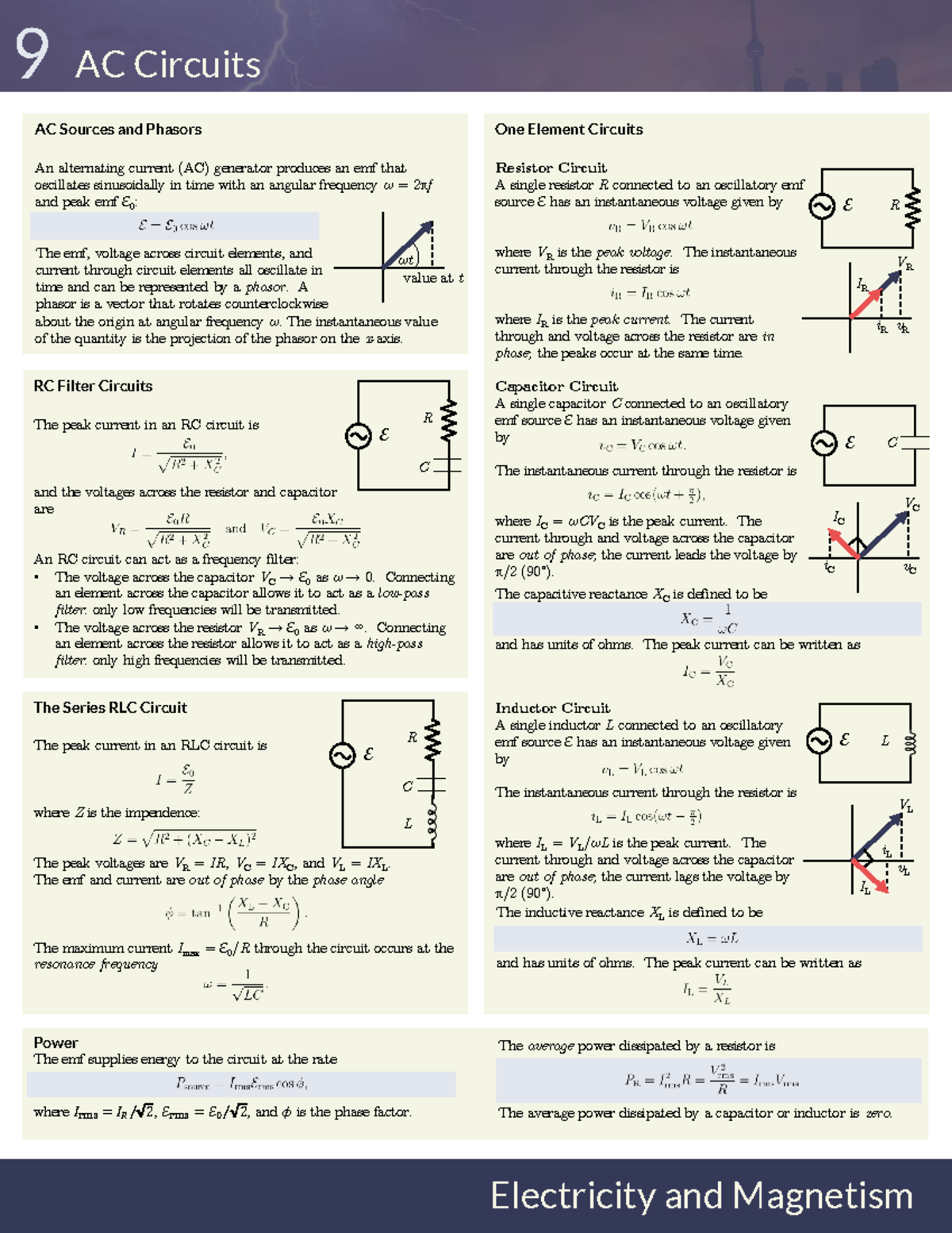 Summary Sheet - AC Circuits - Electricity and Magnetism 9 AC Circuits ...