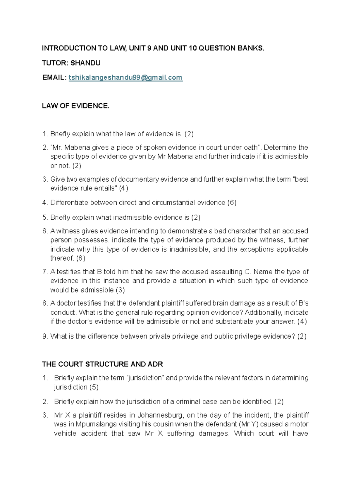 INL 100 Question BANK UNIT 9 and 10 - INTRODUCTION TO LAW, UNIT 9 AND ...