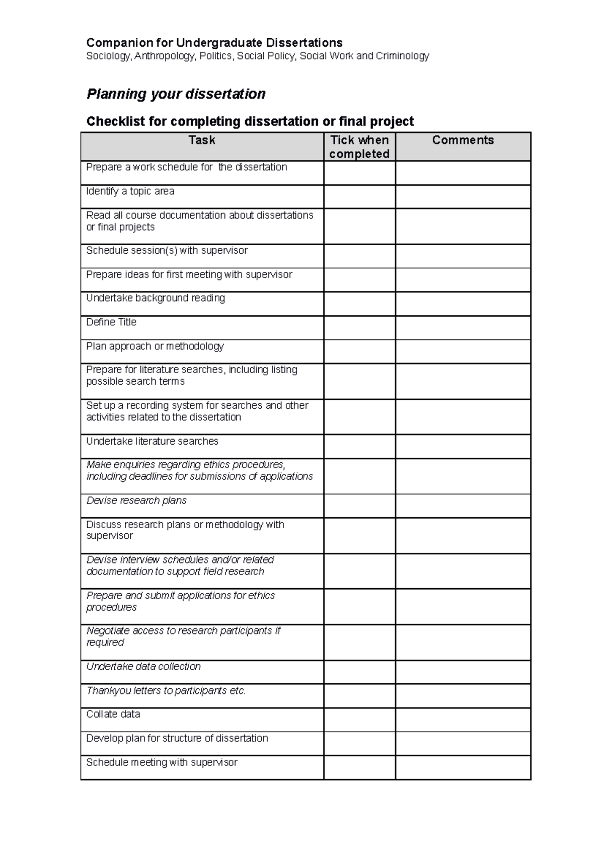 Doc 5 Planning checklist - Companion for Undergraduate Dissertations ...
