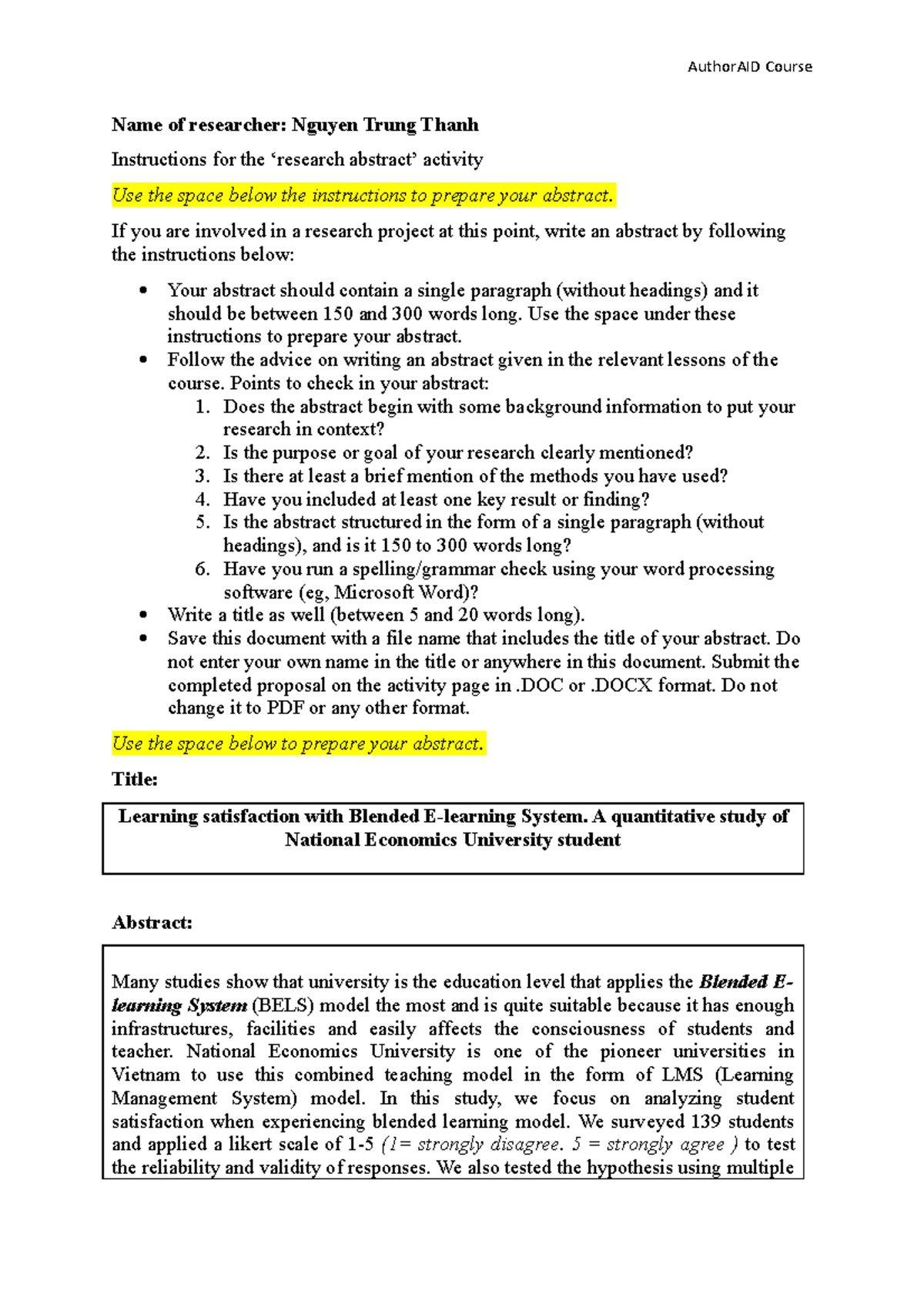 Nguyn Trung Thanh - Research abstract activity - Business Management 1 ...