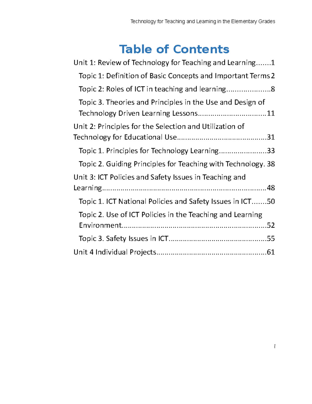 UNIT-1-4-TTL-ELEM-1 - Technology Teaching - Table of Contents Unit 1: Review of Technology for ...