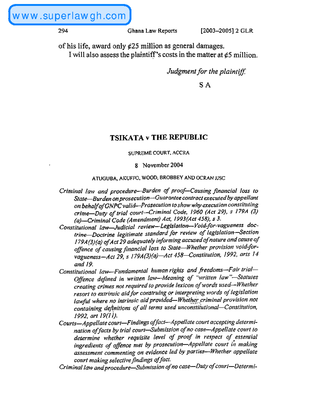 Tsikata v. The Republic [2003-2005 ] 2 GLR 297 - LLB - Studocu