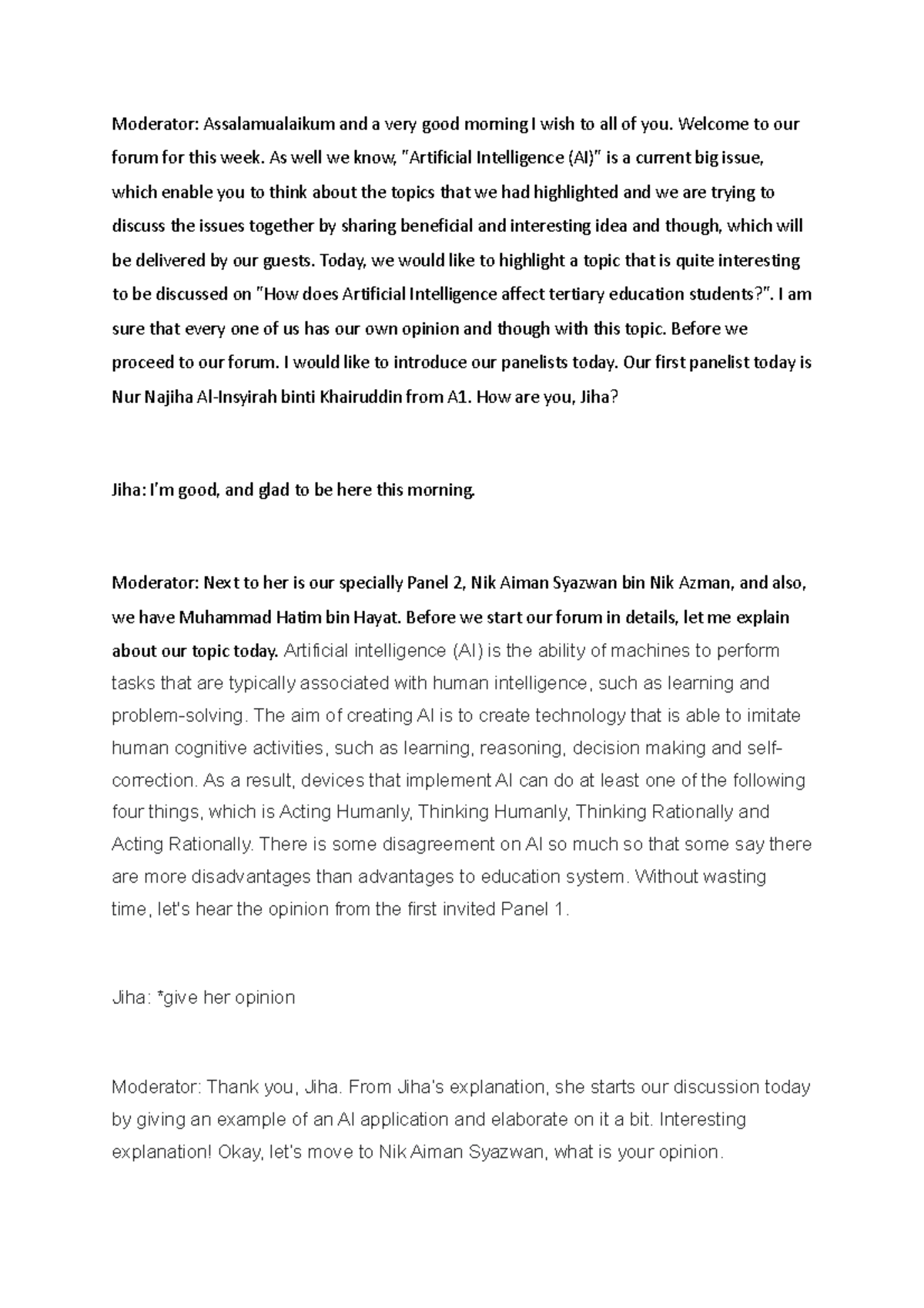 Forum - script for moderator - Moderator: Assalamualaikum and a very ...