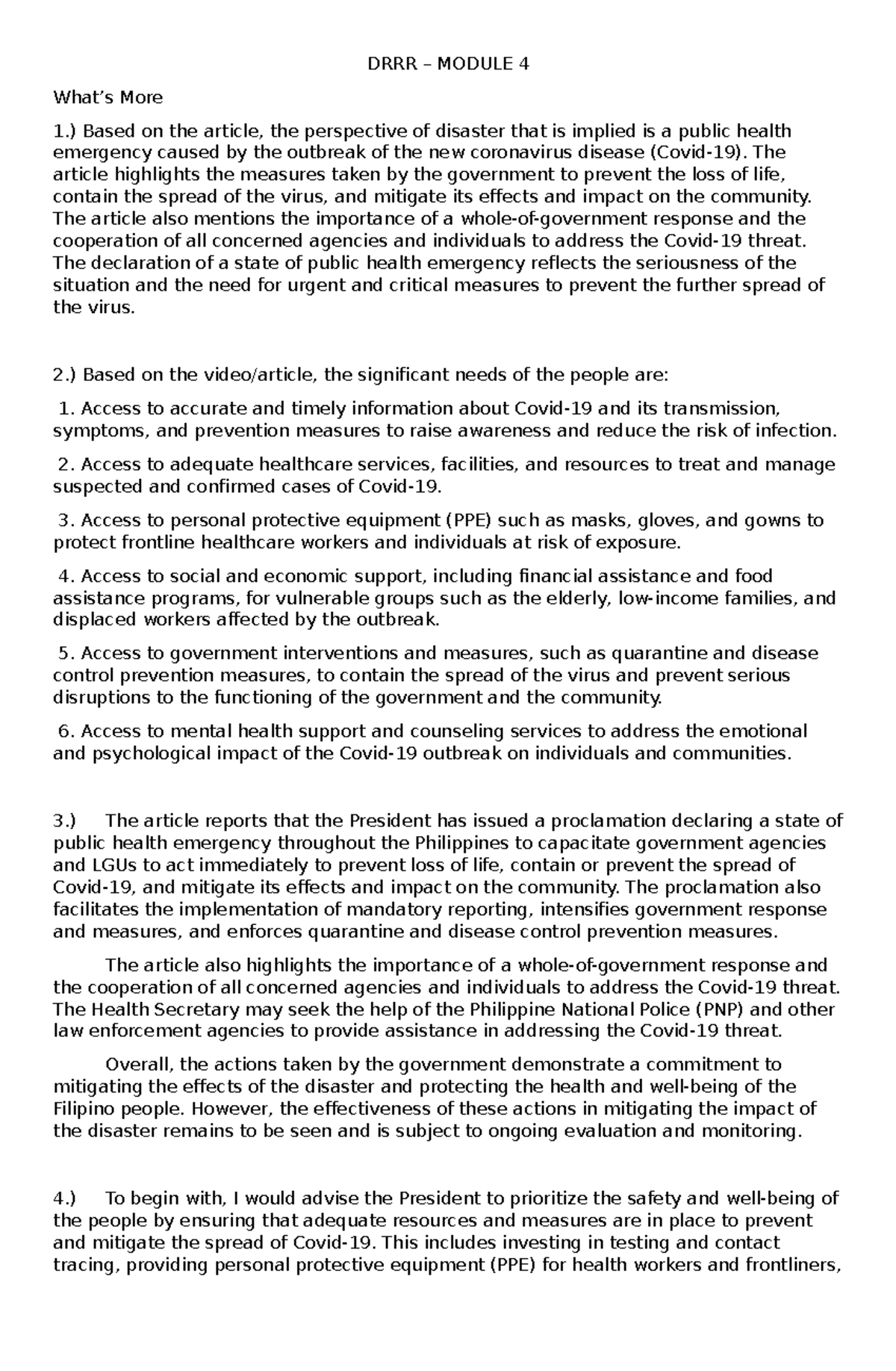 M4 - essays - DRRR – MODULE 4 What’s More 1.) Based on the article, the perspective of disaster ...