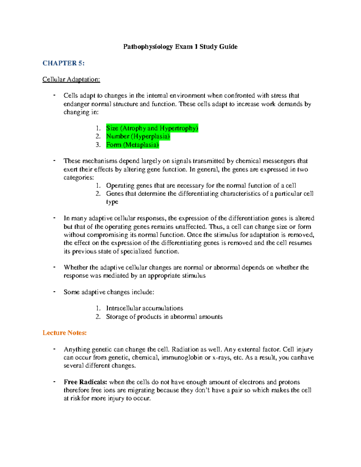 Pathophysiology Exam 1 Study Guide - These cells adapt to increase work ...