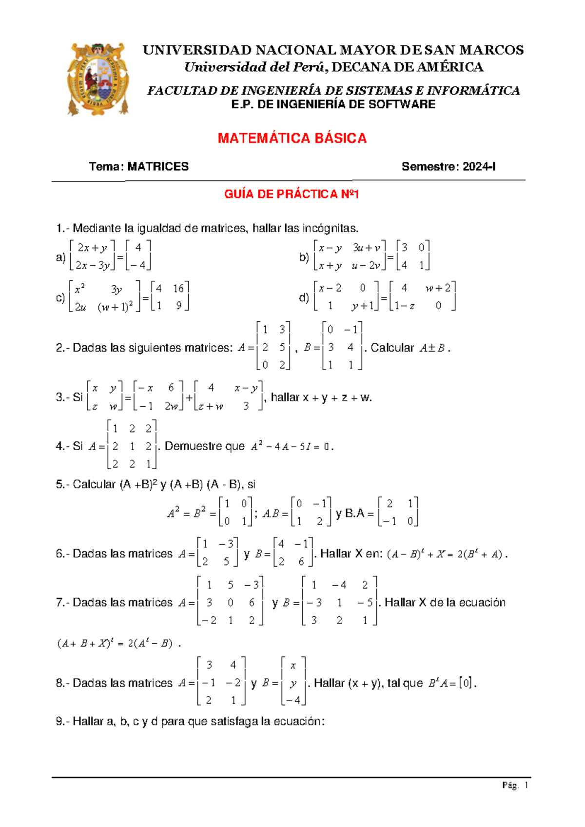 Guia de practica 1 (matrices) - Pág. 1 UNIVERSIDAD NACIONAL MAYOR DE SAN MARCOS Universidad del ...