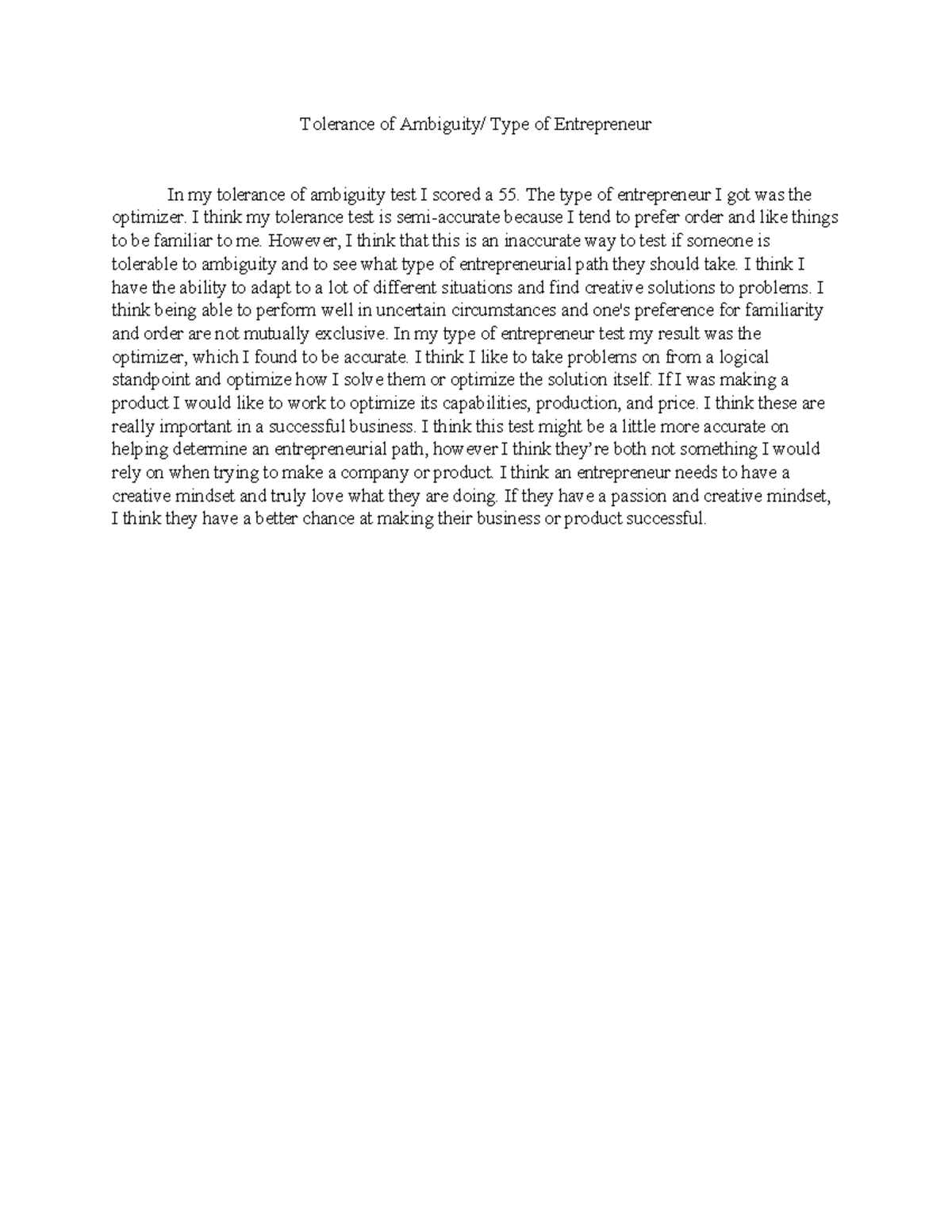 Test of ambiguity - Tolerance of Ambiguity/ Type of Entrepreneur In my ...
