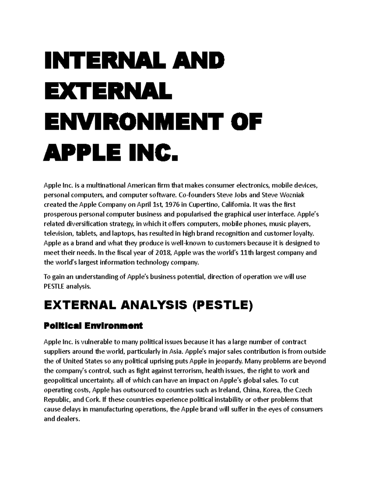 Apple Inc SWOT PESTLE analysis - INTERNAL AND EXTERNAL ENVIRONMENT OF ...