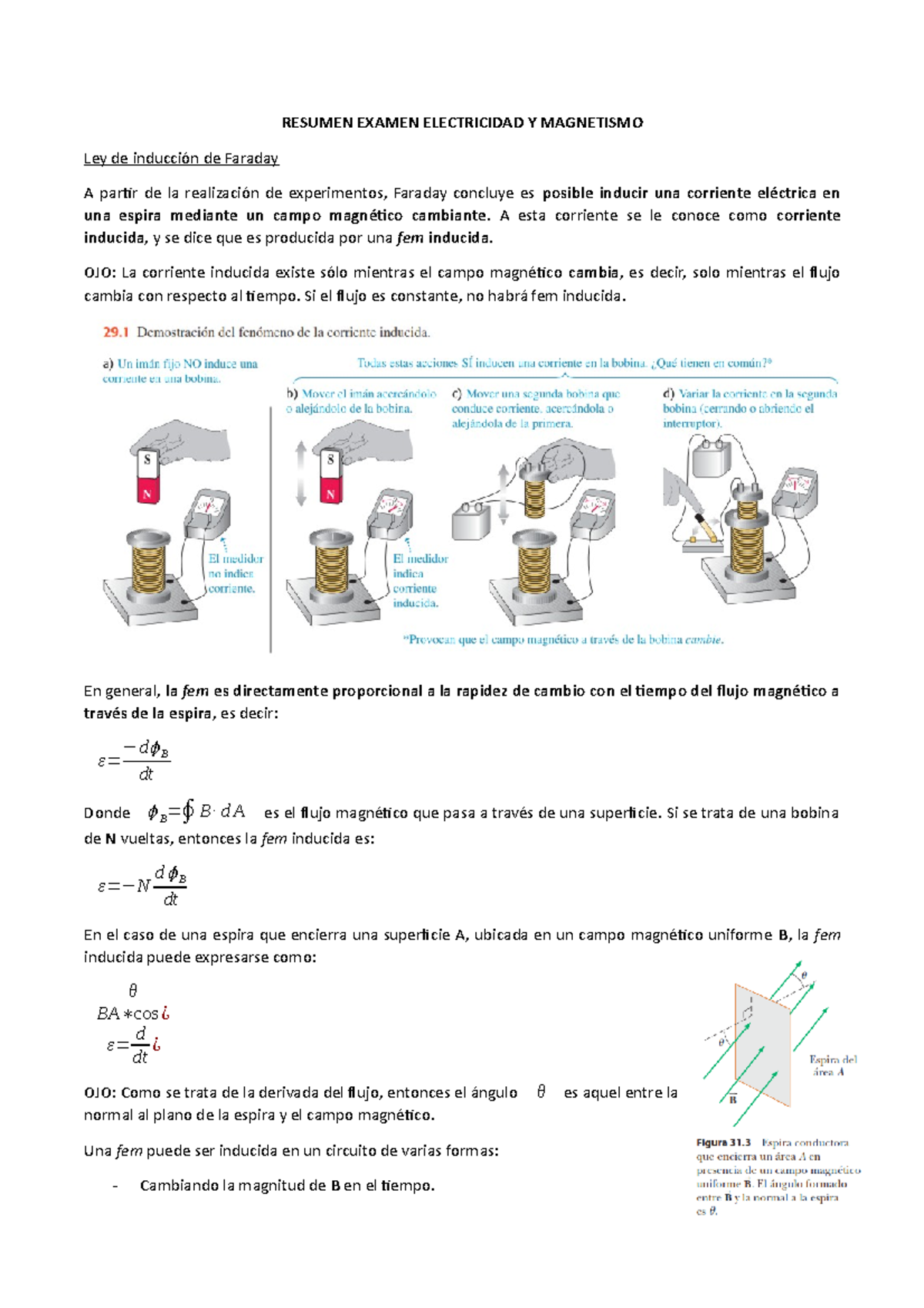 Resumen Ley de Inducción de Faraday, Ley de Lenz, FEM - RESUMEN EXAMEN ELECTRICIDAD Y MAGNETISMO ...