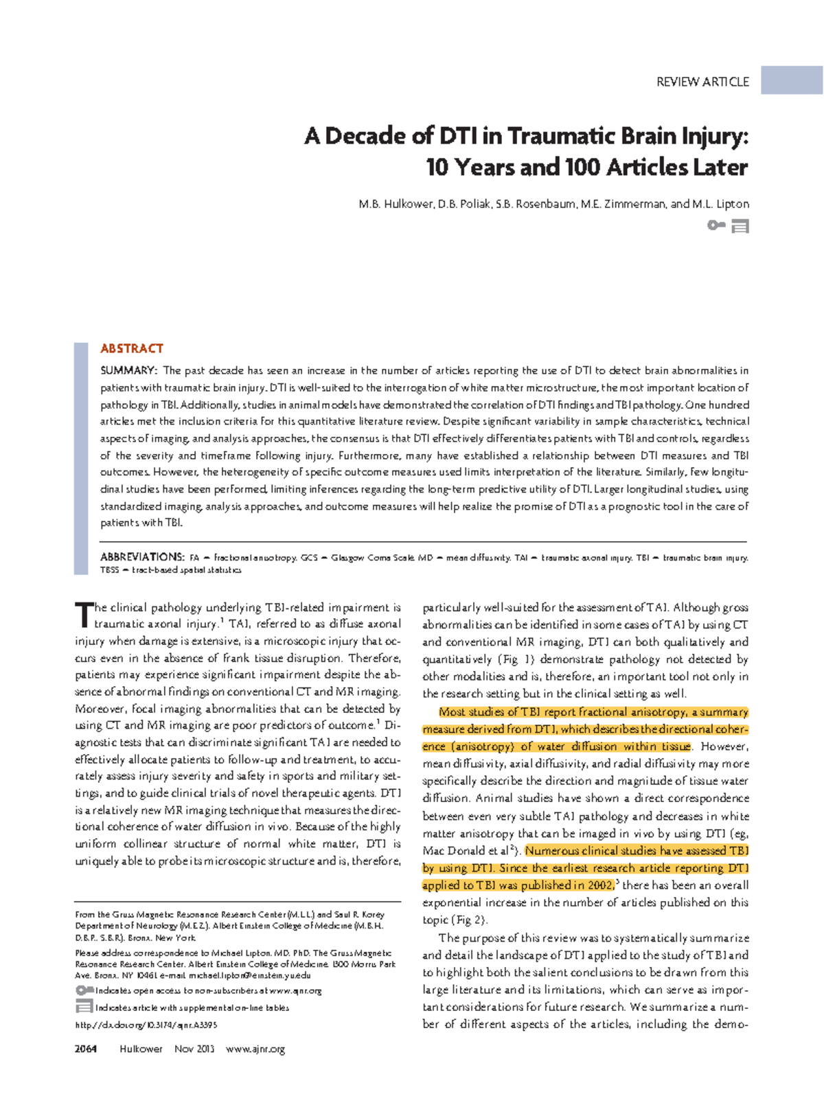 Review paper on mTBI - REVIEW ARTICLE A Decade of DTI in Traumatic ...