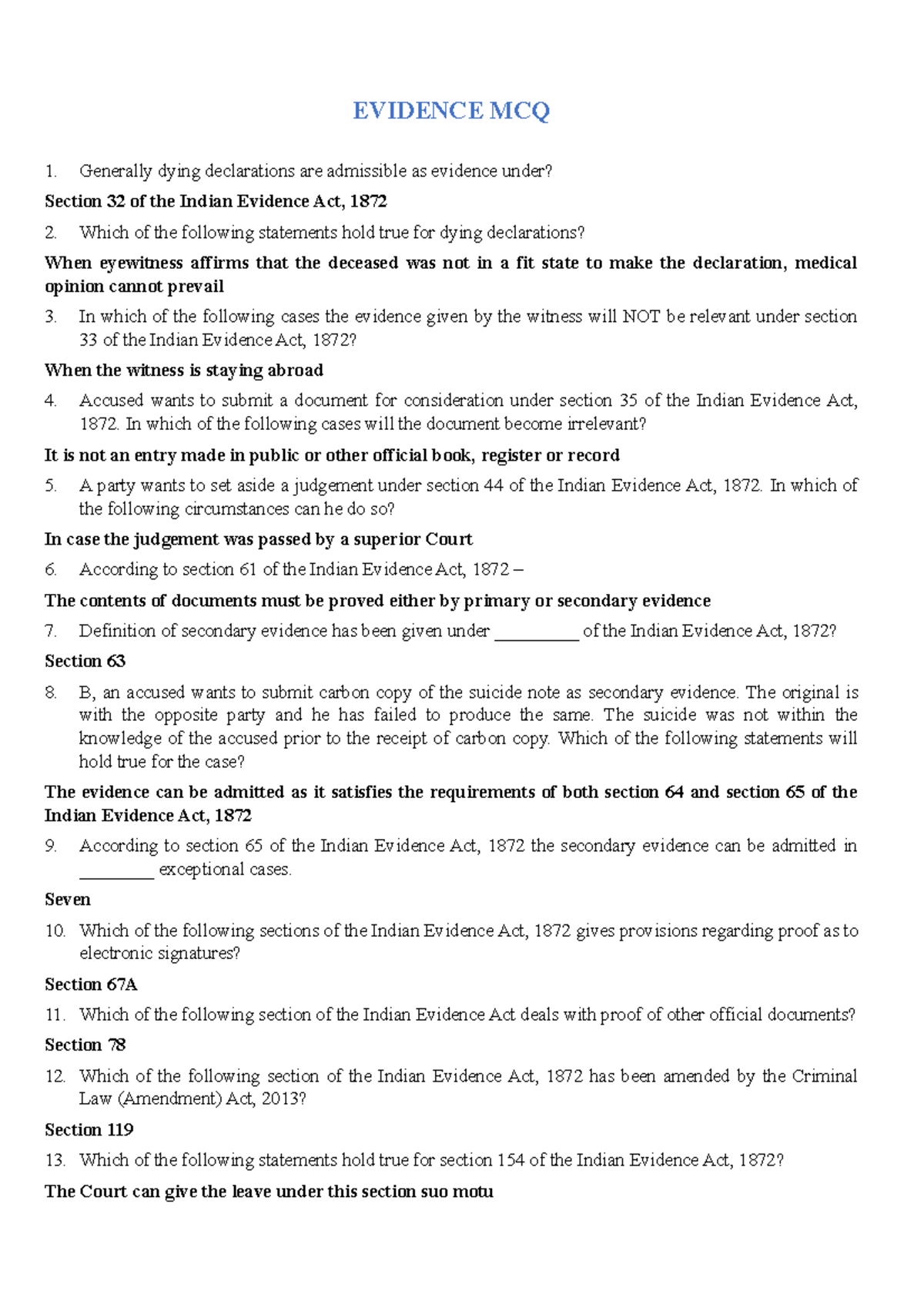 Evidence MCQ - Alternate Dispute Resolution Multiple Choice Questions ...